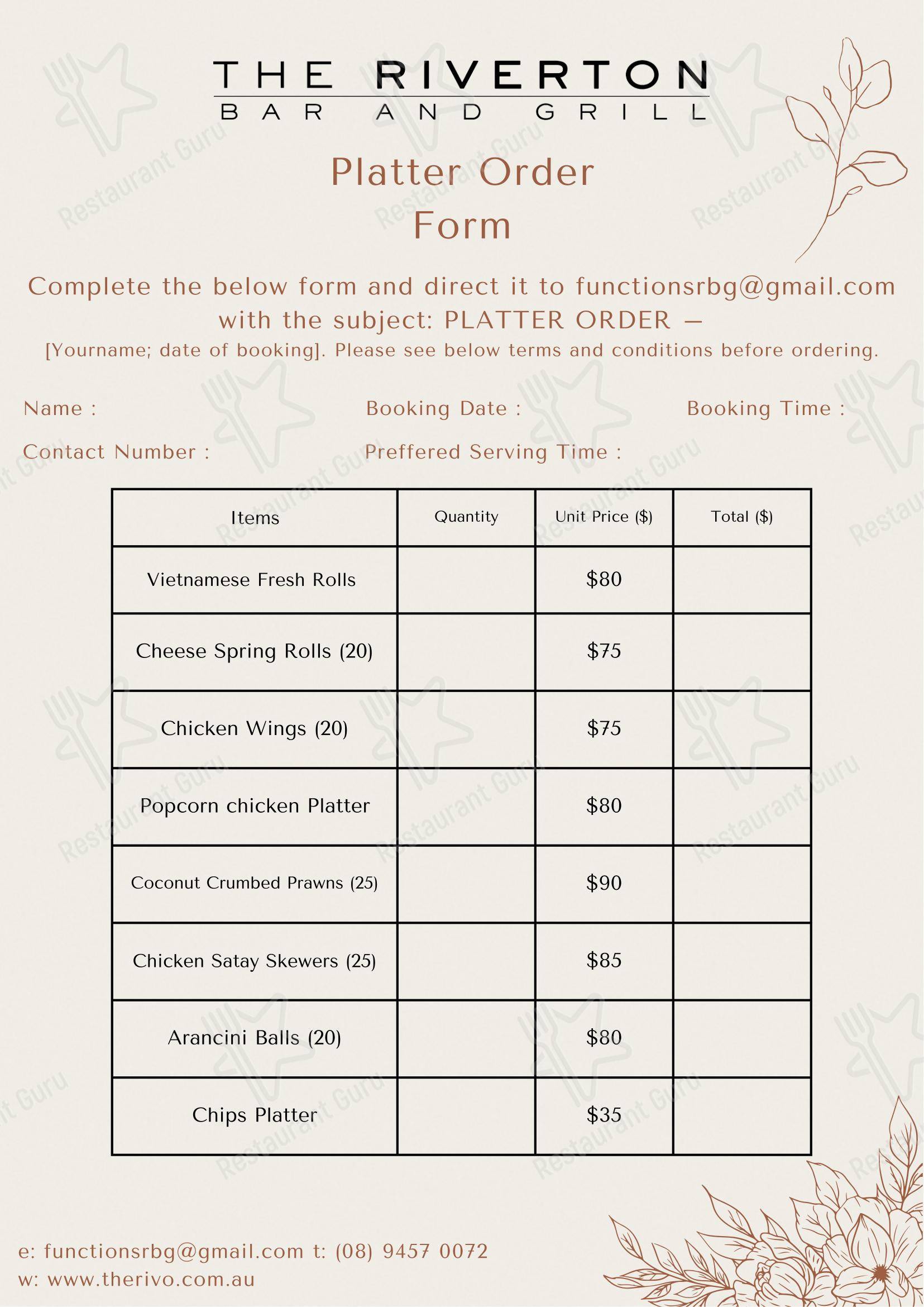Menu at The Riverton Bar and Grill, Parkwood