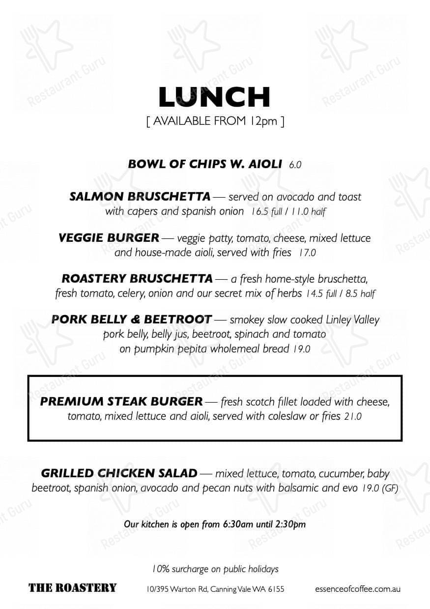 Menu at The Roastery cafe, Canning Vale, 10/395 Warton Rd