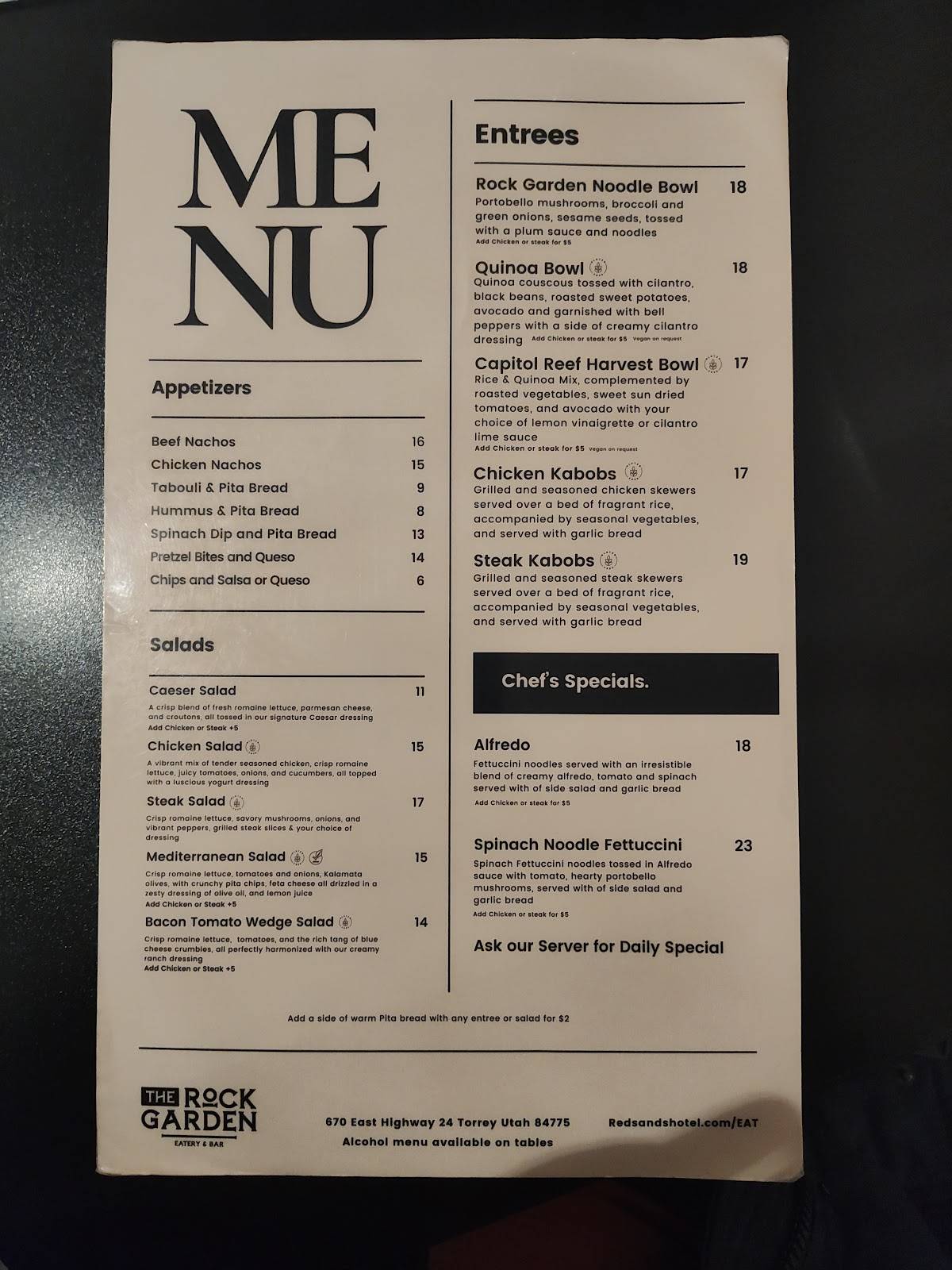 Menu at The Rock Garden Eatery and Bar, Torrey