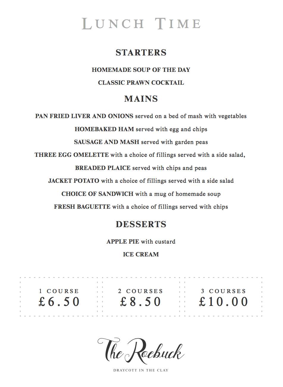 Menu at The Roebuck pub & bar, Draycott in the Clay