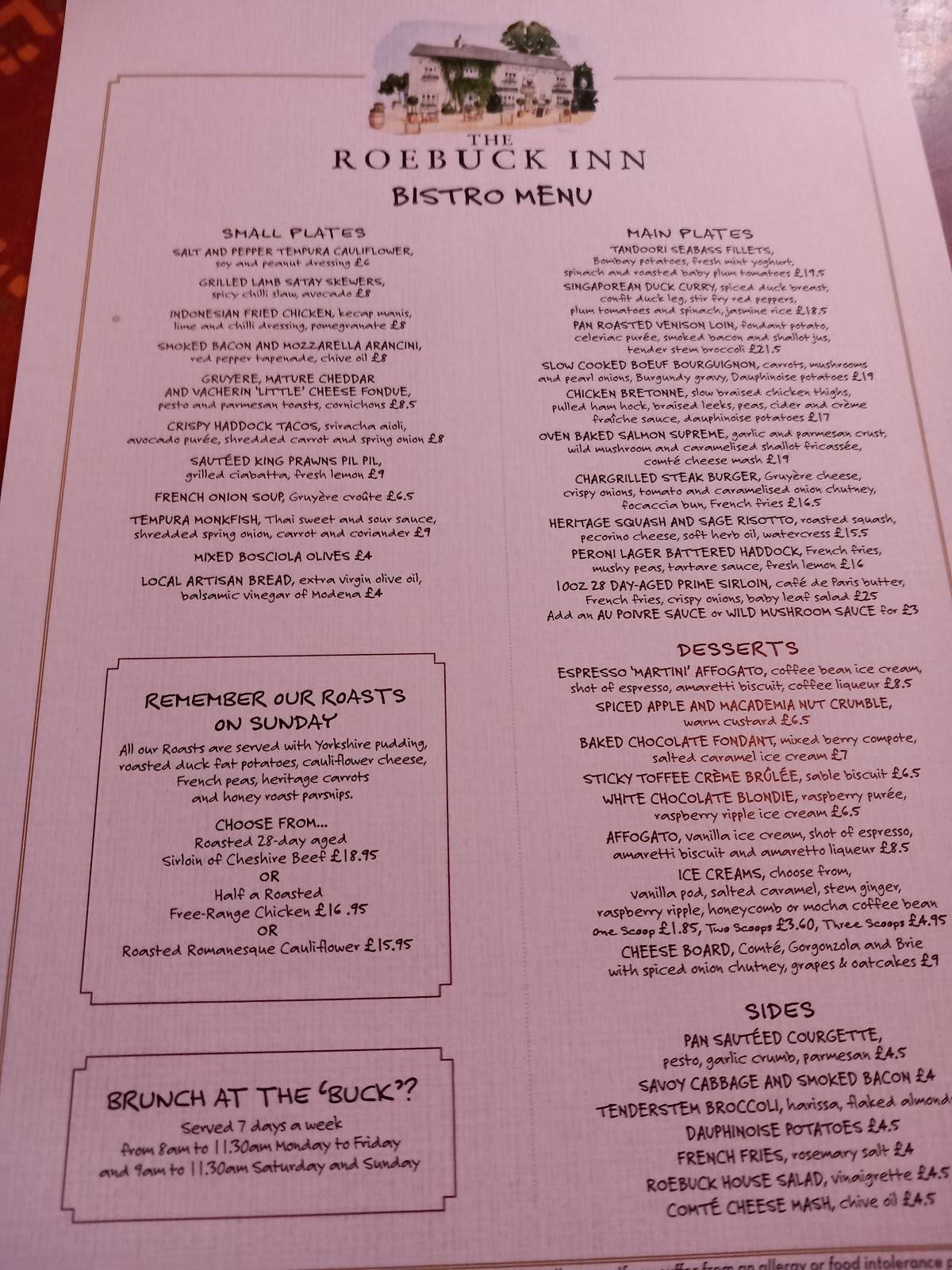 Menu at The Roebuck Inn pub & bar, Knutsford