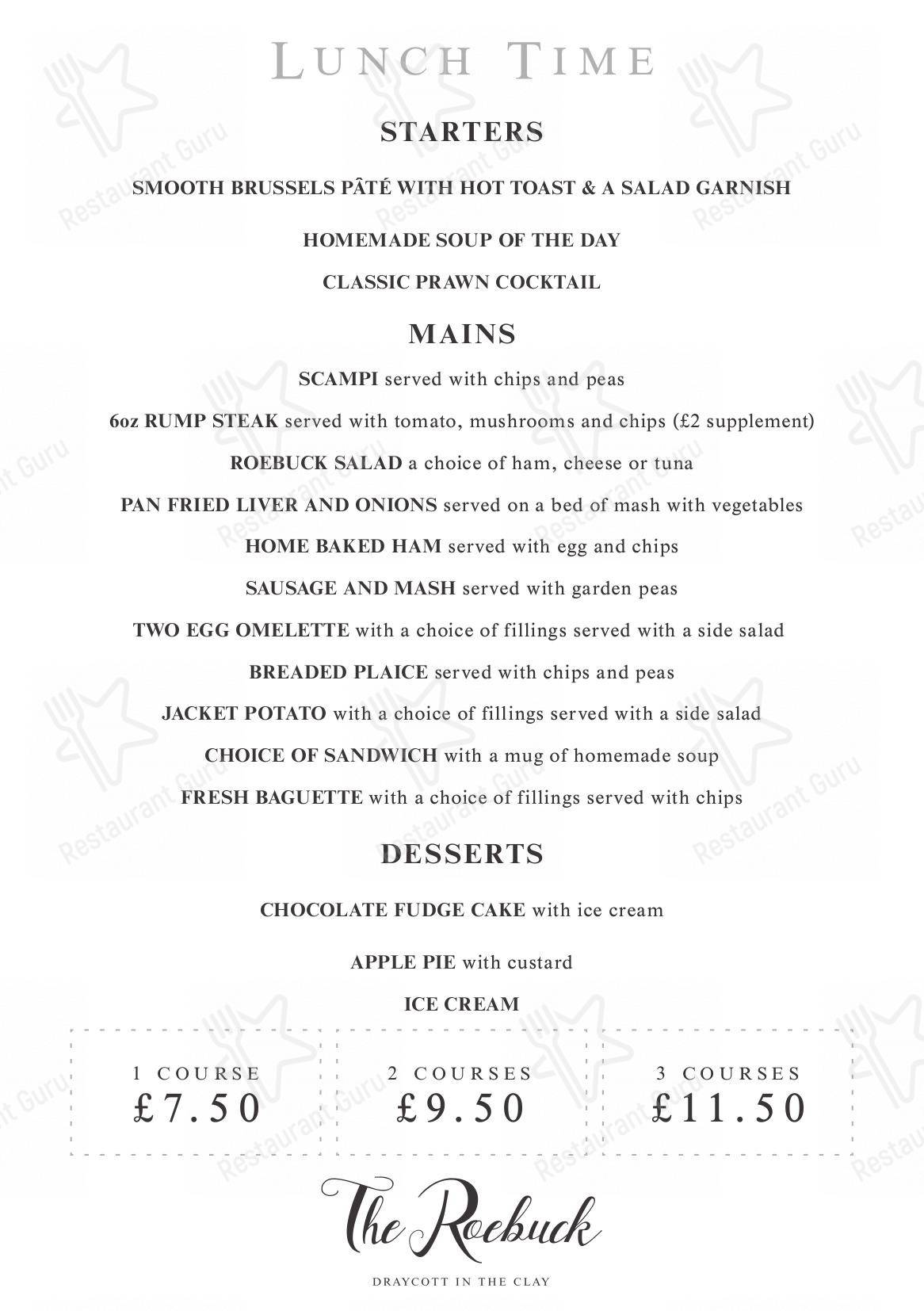 Menu at The Roebuck pub & bar, Draycott in the Clay