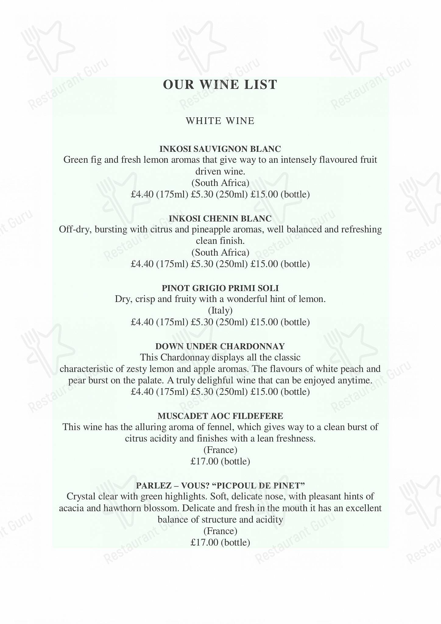 Menu at The Roebuck pub & bar, Draycott in the Clay