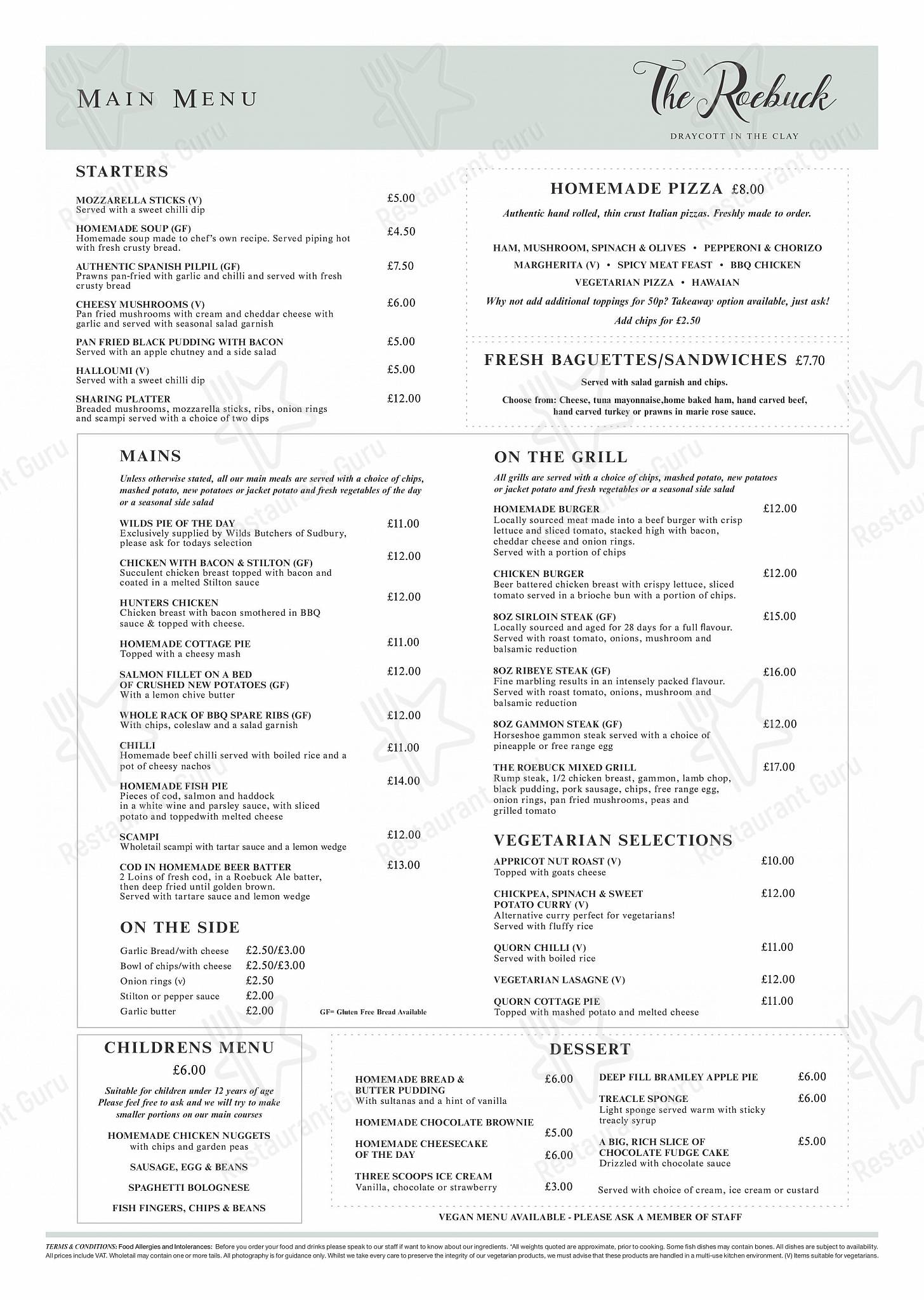 Menu at The Roebuck pub & bar, Draycott in the Clay