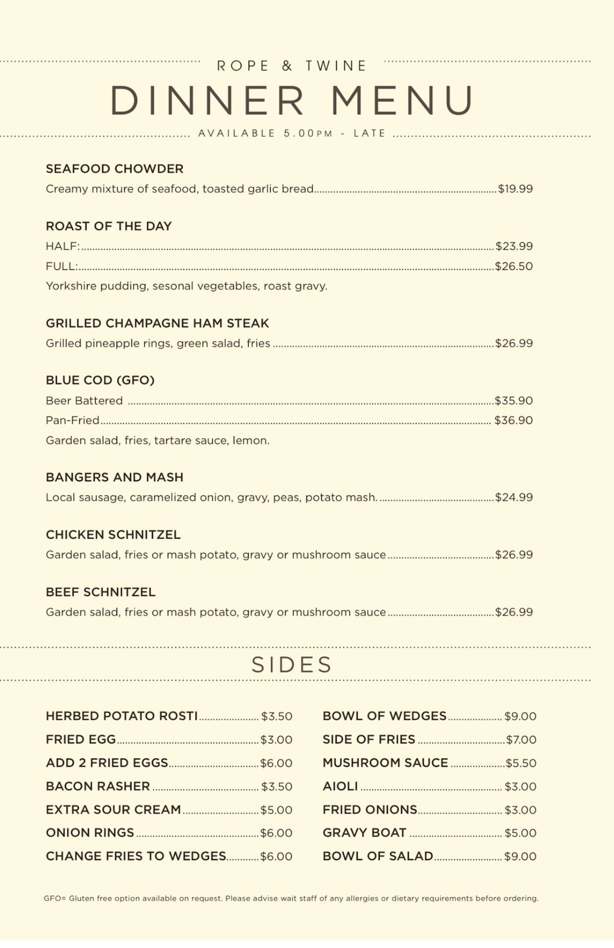 Menu at The Rope and Twine pub & bar, Dunedin