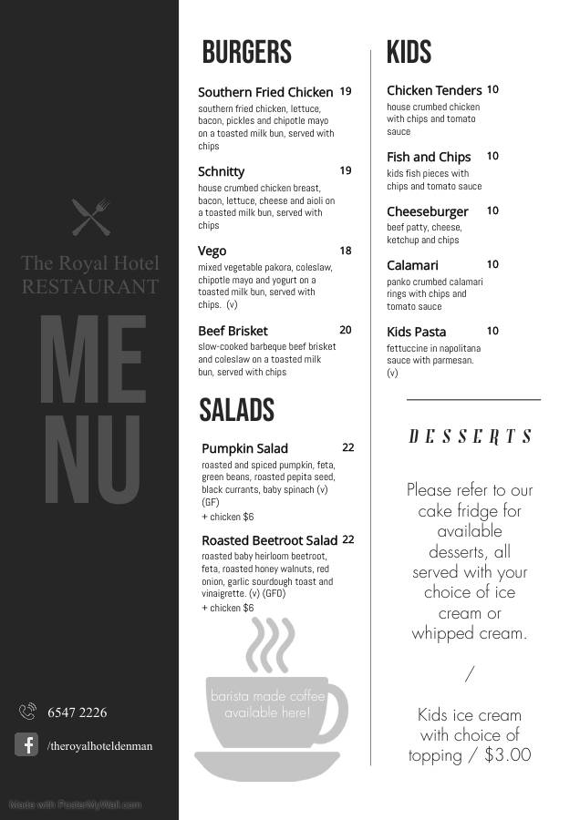 Menu at The Royal Hotel pub & bar, Denman