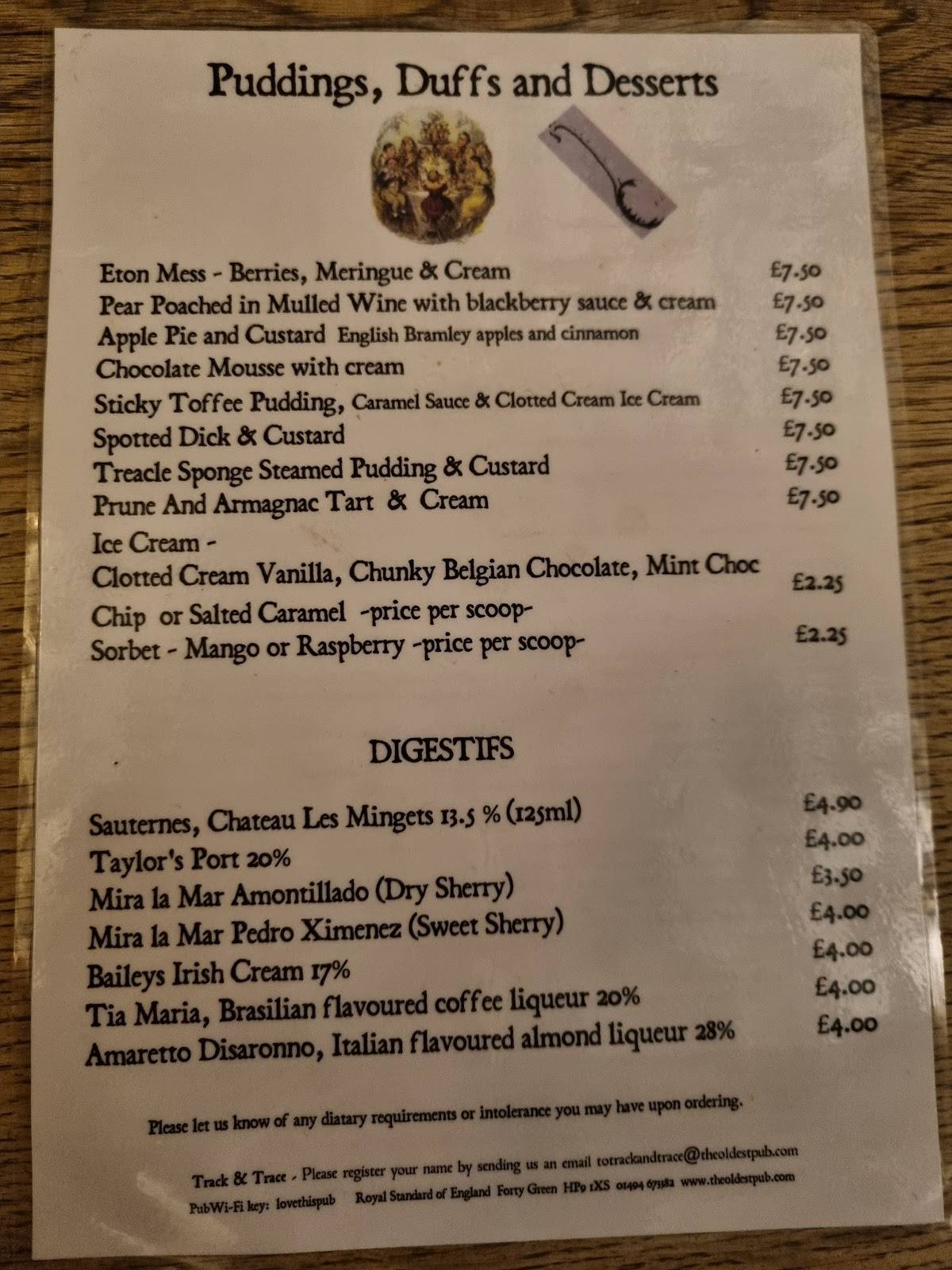 Menu at The Royal Standard of England pub & bar, Beaconsfield