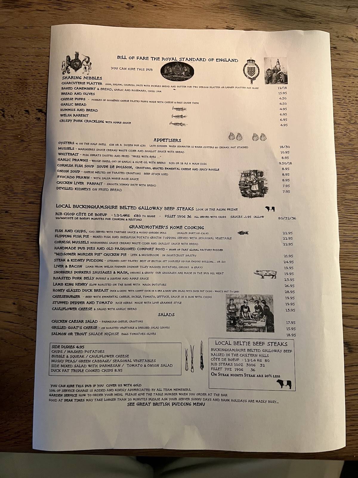 Menu at The Royal Standard of England pub & bar, Beaconsfield