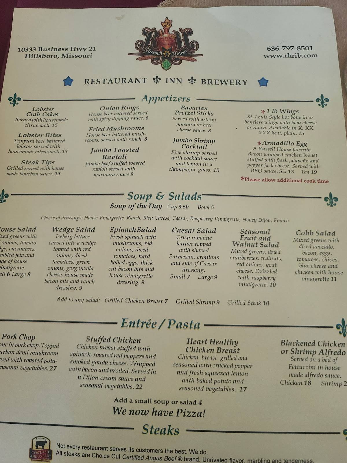 Menu at The Russell House Restaurant Inn and Brewery, Hillsboro