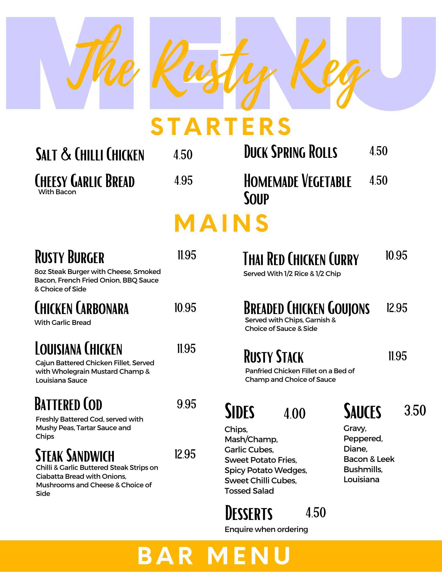 Menu at The Rusty Keg restaurant, Pomeroy