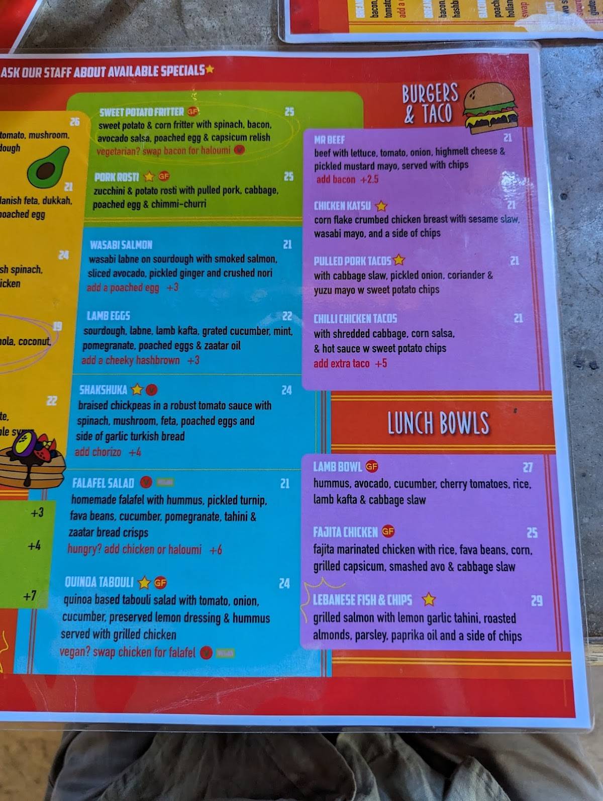 Menu at The Rusty Rabbit cafe, Darlinghurst