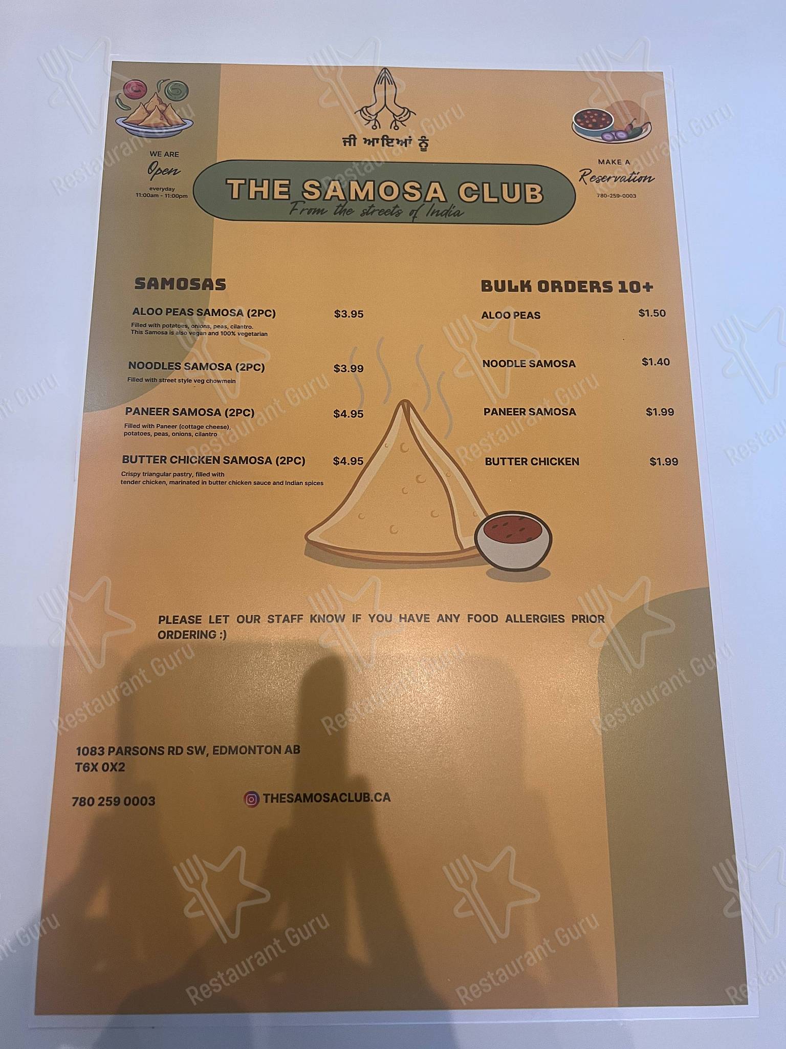 Menu at The Samosa Club Indian Street Food, Edmonton