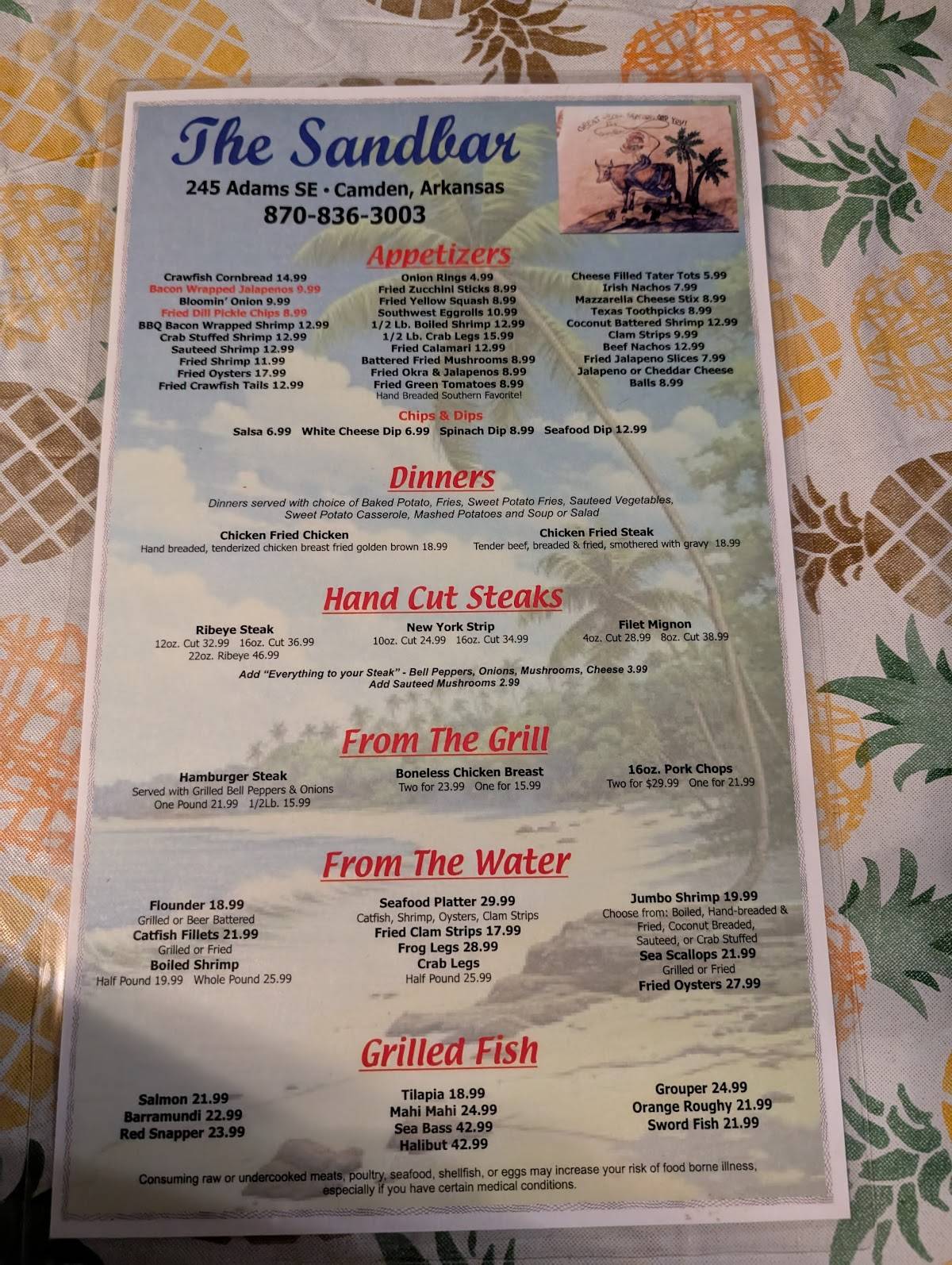 Menu at The Sandbar, Camden