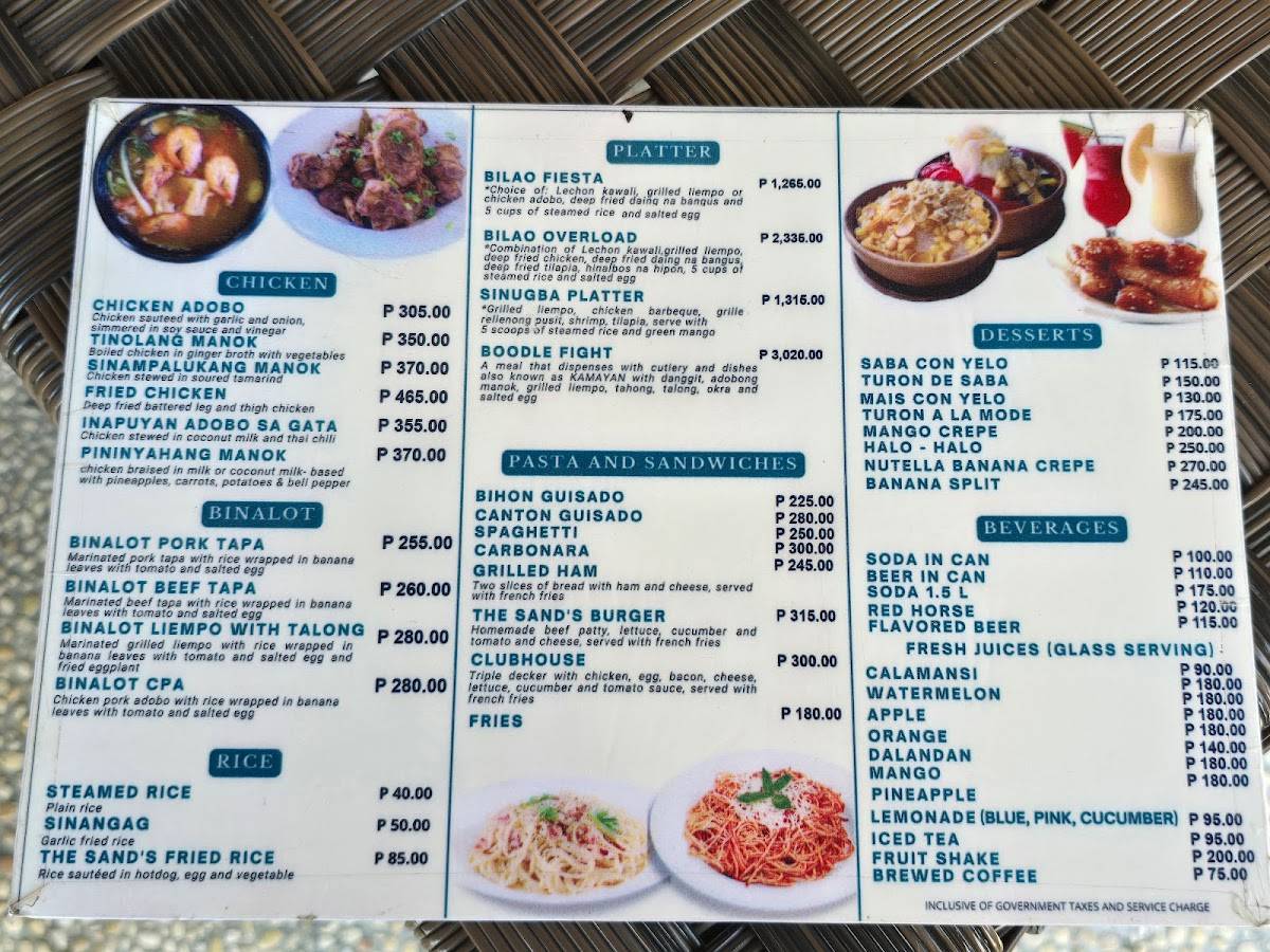 Menu at The Sands restaurant, Calatagan
