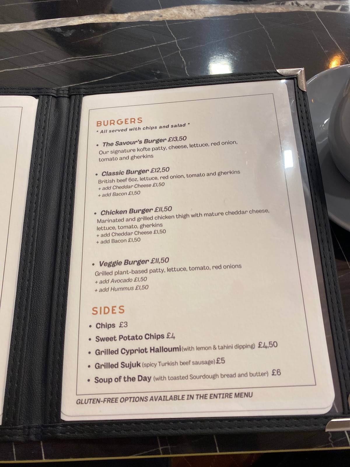Menu at The Savour, London