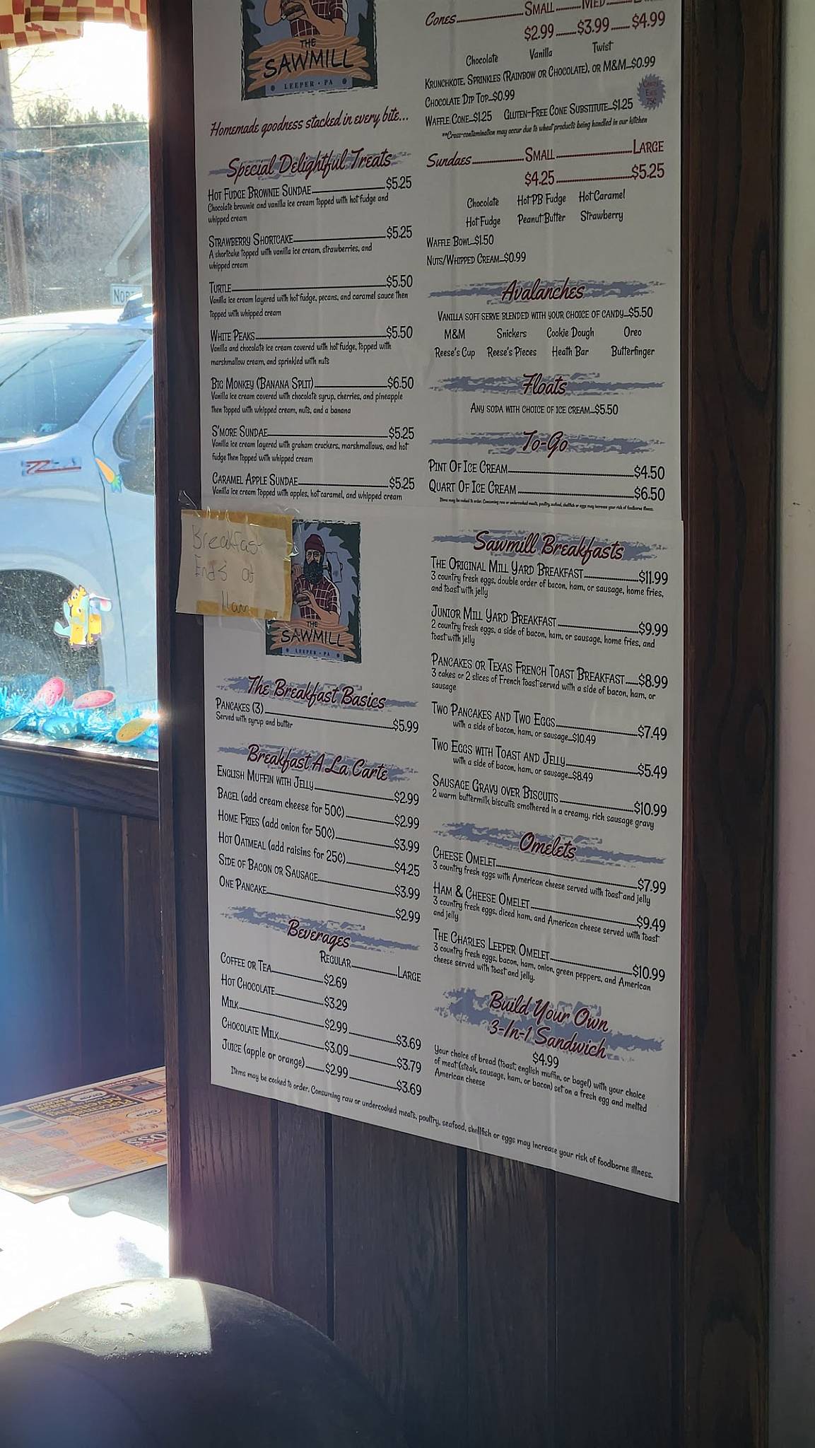 Menu at The Sawmill Restaurant, Leeper, PA-66