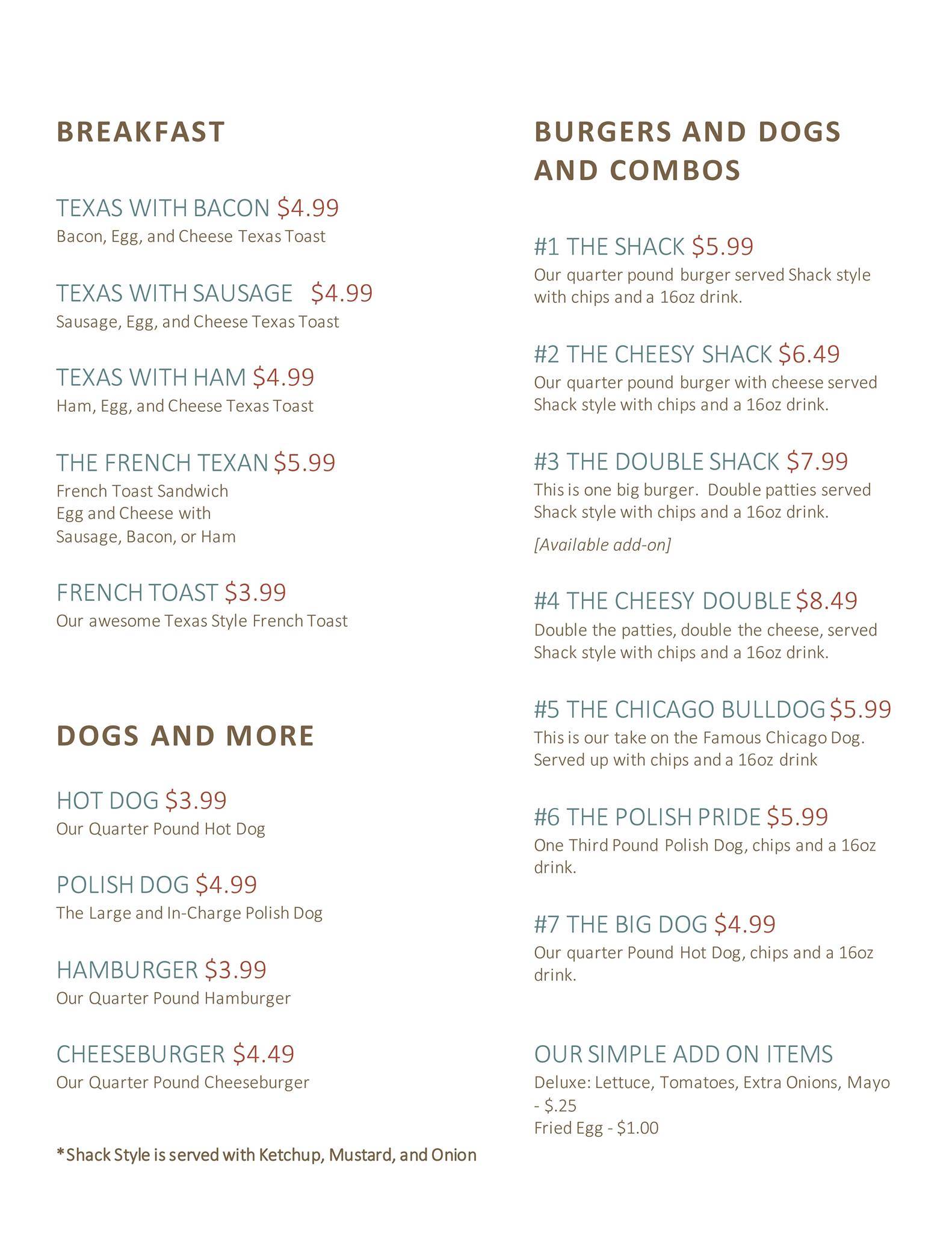 Menu at The Shack restaurant, Omaha