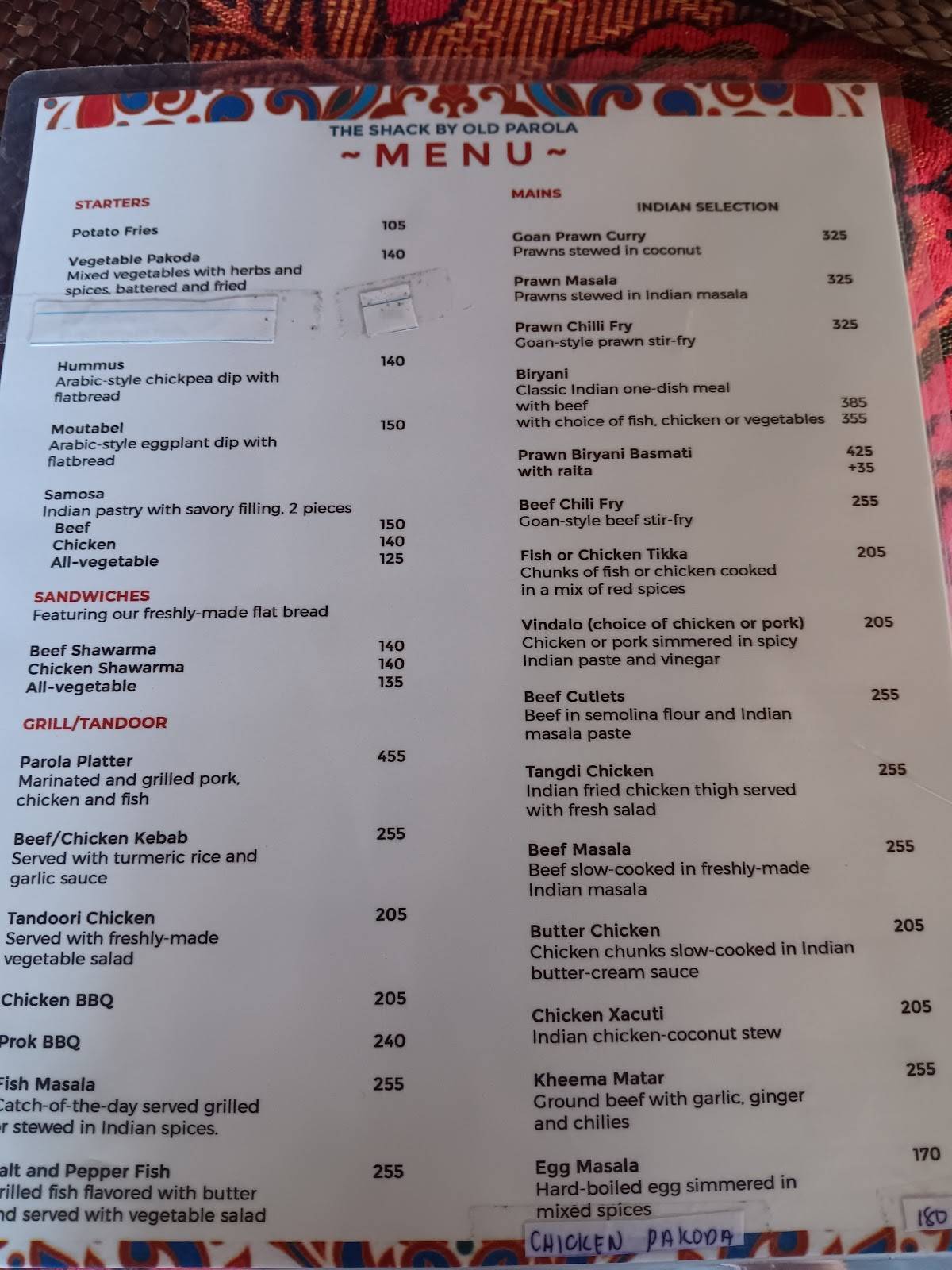 Menu at The Shack restaurant, Baler