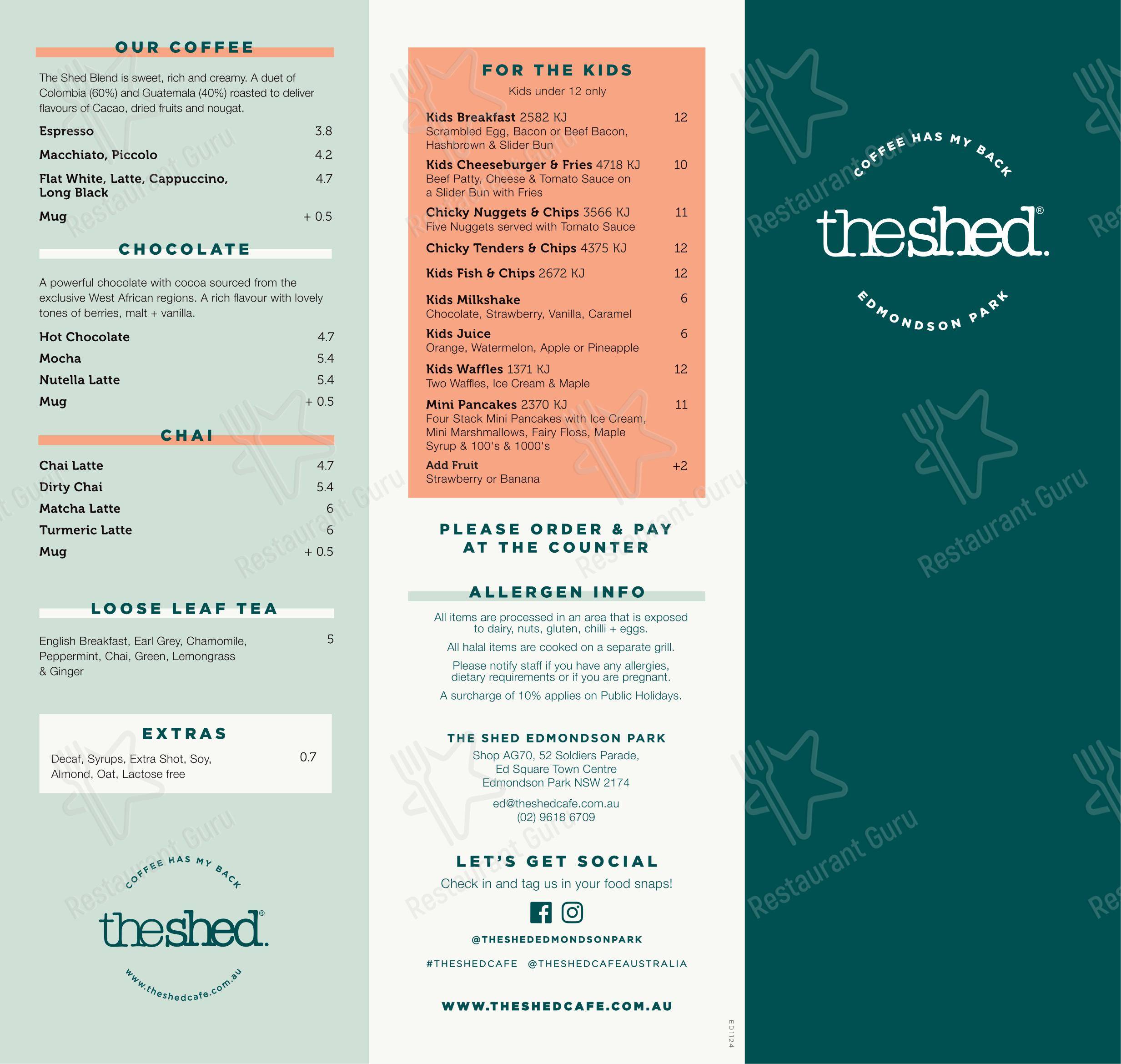 Menu at The Shed Cafe - Edmondson Park, Edmondson Park
