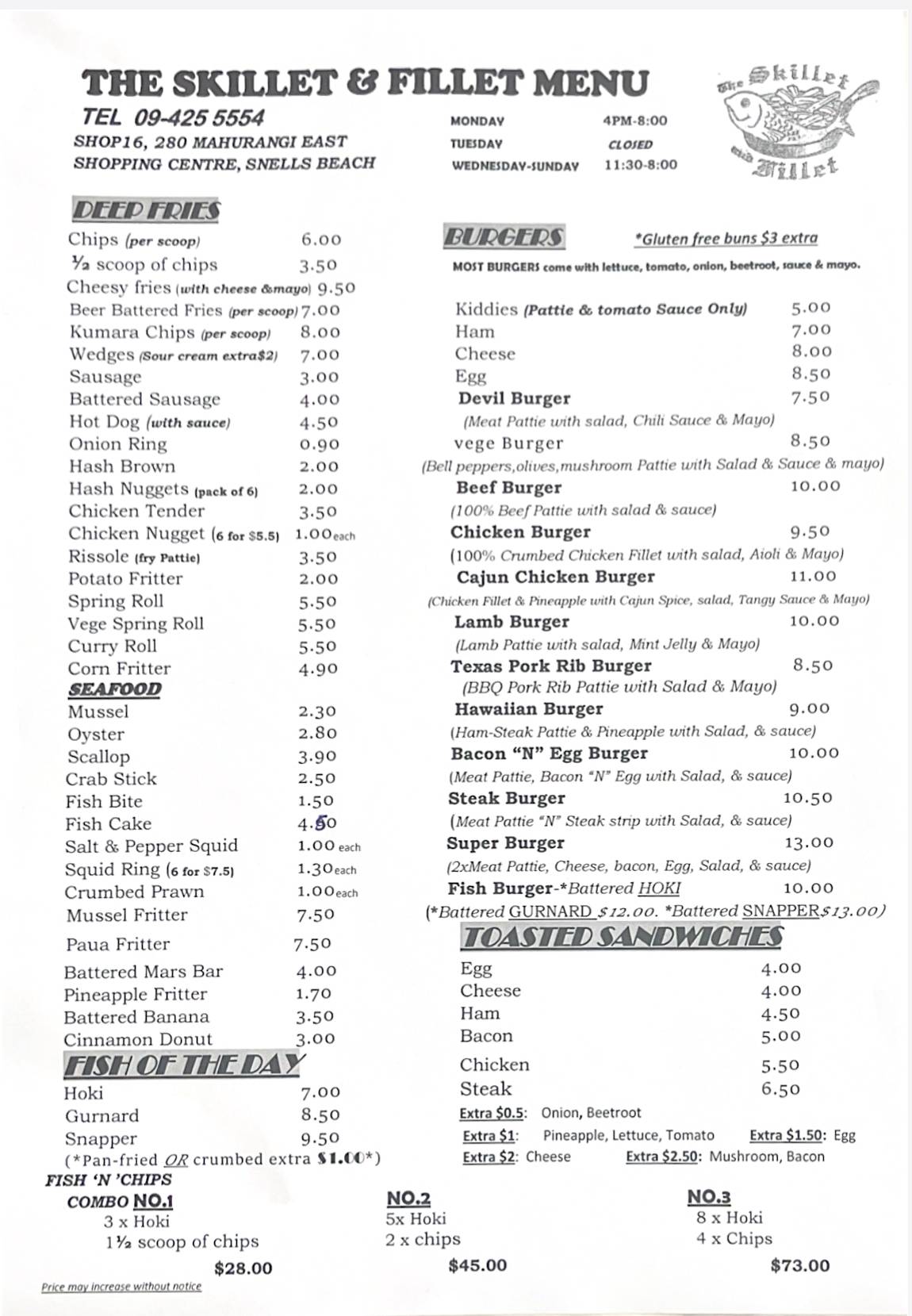 Menu at The Skillet & Fillet Takeaways fast food, Warkworth