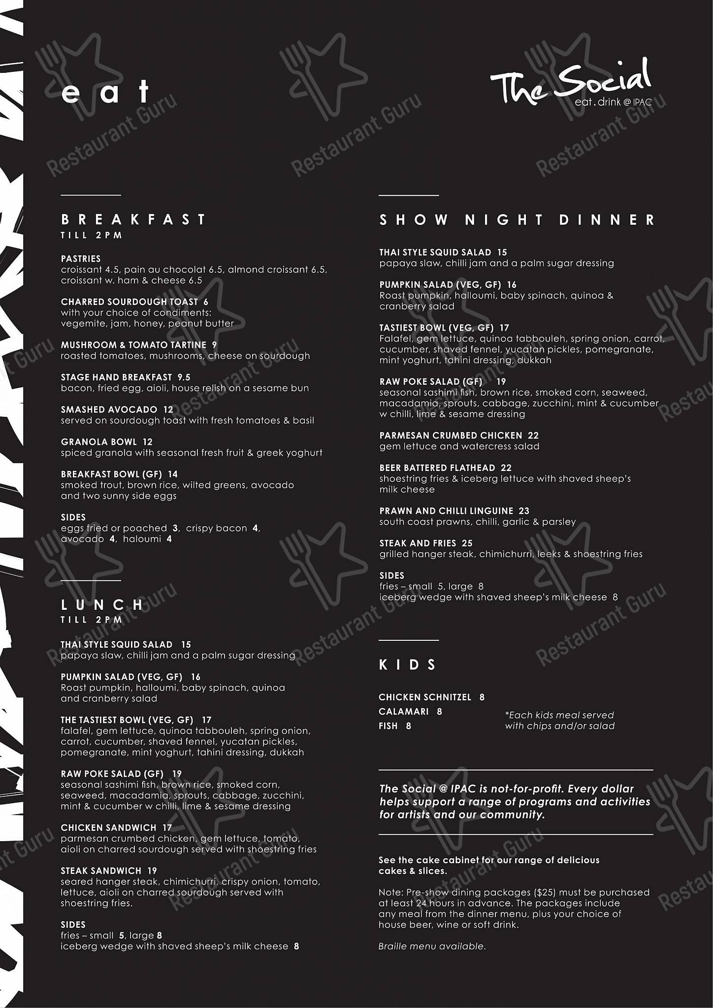 Menu at The Social @ IPAC cafe, Wollongong