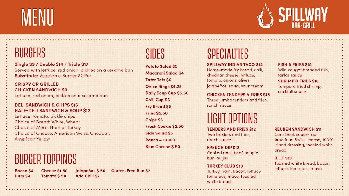 Menu at The Spillway Bar & Grill, Coulee Dam