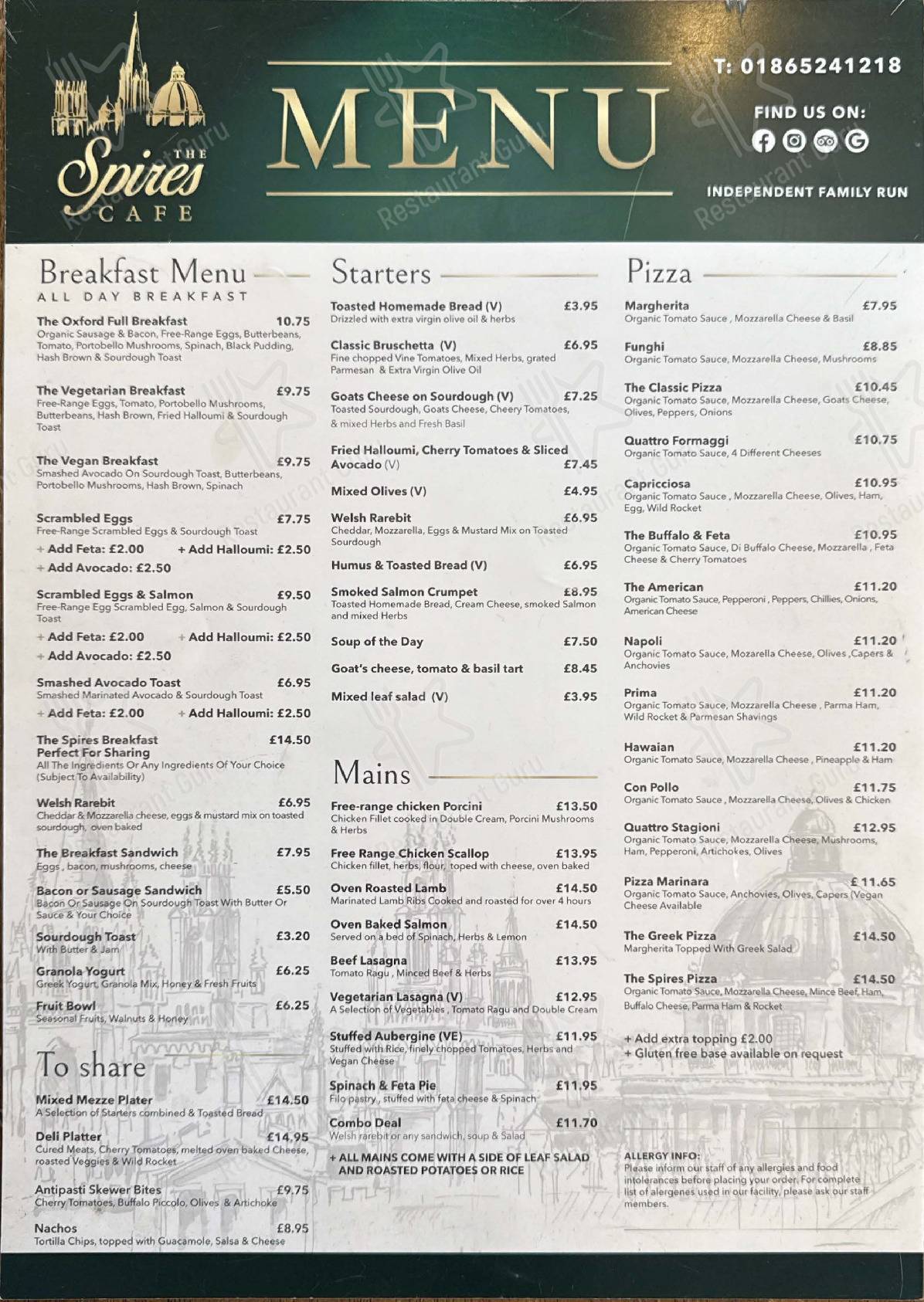 Menu at The Spires Cafe & Restaurant, Oxford