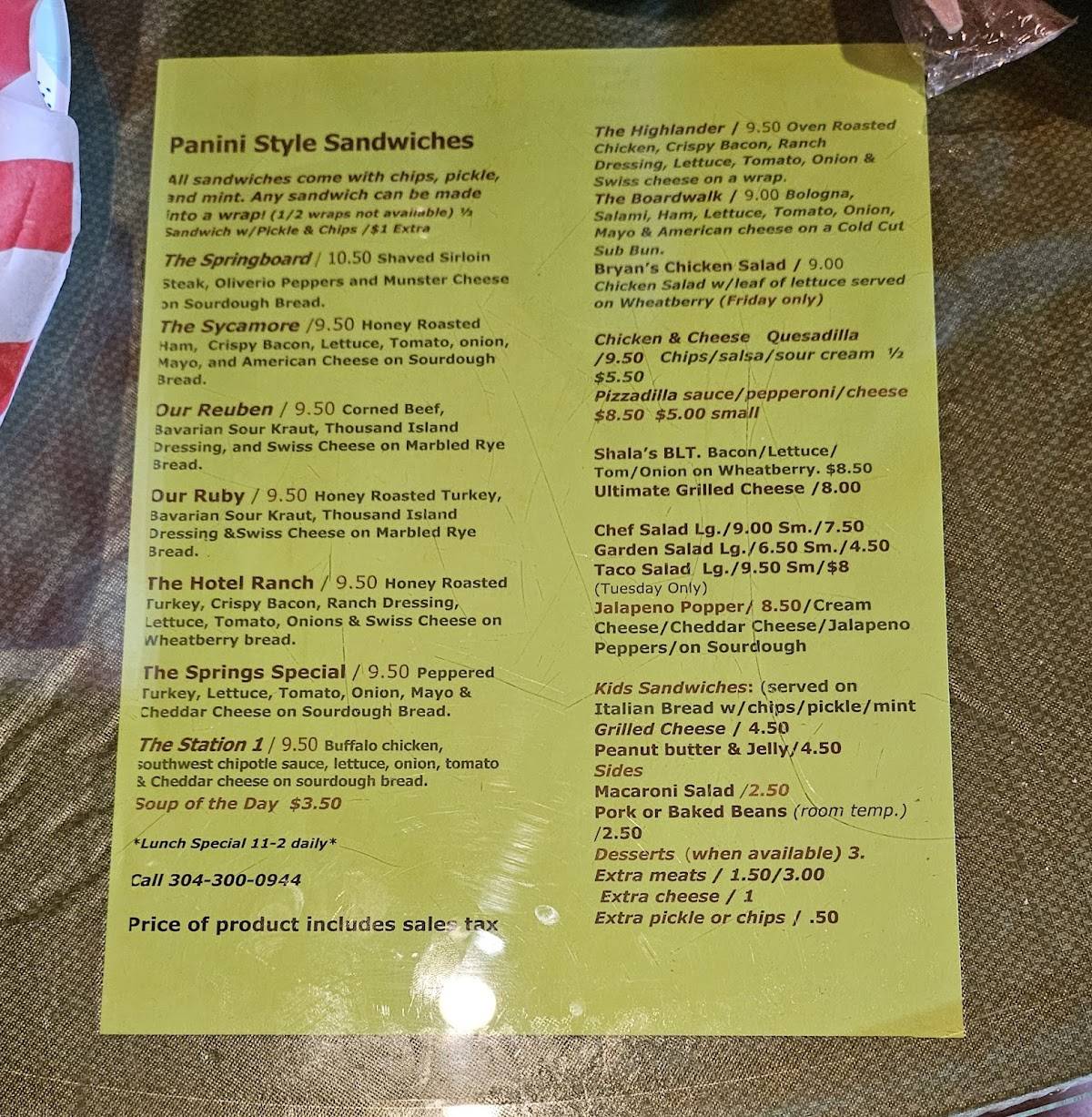 Menu at The Springs Soup & Sandwich restaurant, Webster Springs