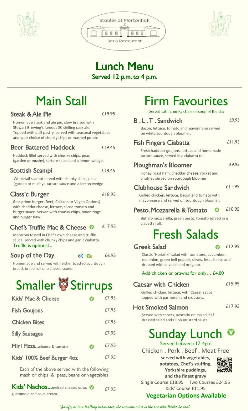 Menu at The Stables at Mortonhall - Bar & Restaurant, Edinburgh