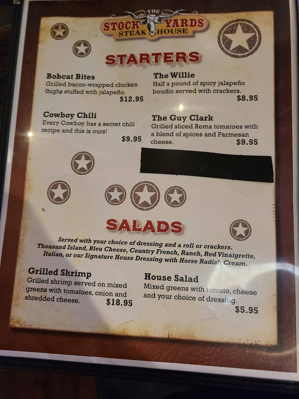 Menu at The Stockyards Steakhouse, Gladewater, W Upshur Ave