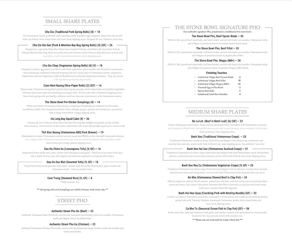 Menu at The Stone Bowl restaurant, Noosaville