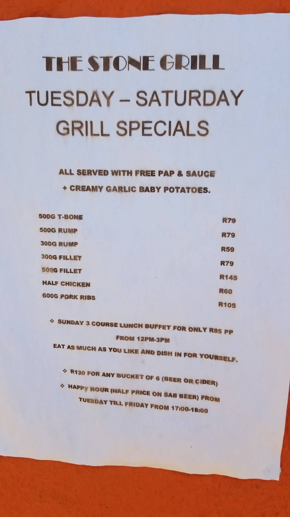 Menu at The Stone Grill Restaurant & Bar, Pretoria