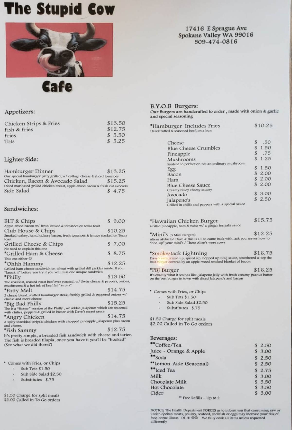 Menu at The Stupid Cow Cafe, Spokane Valley