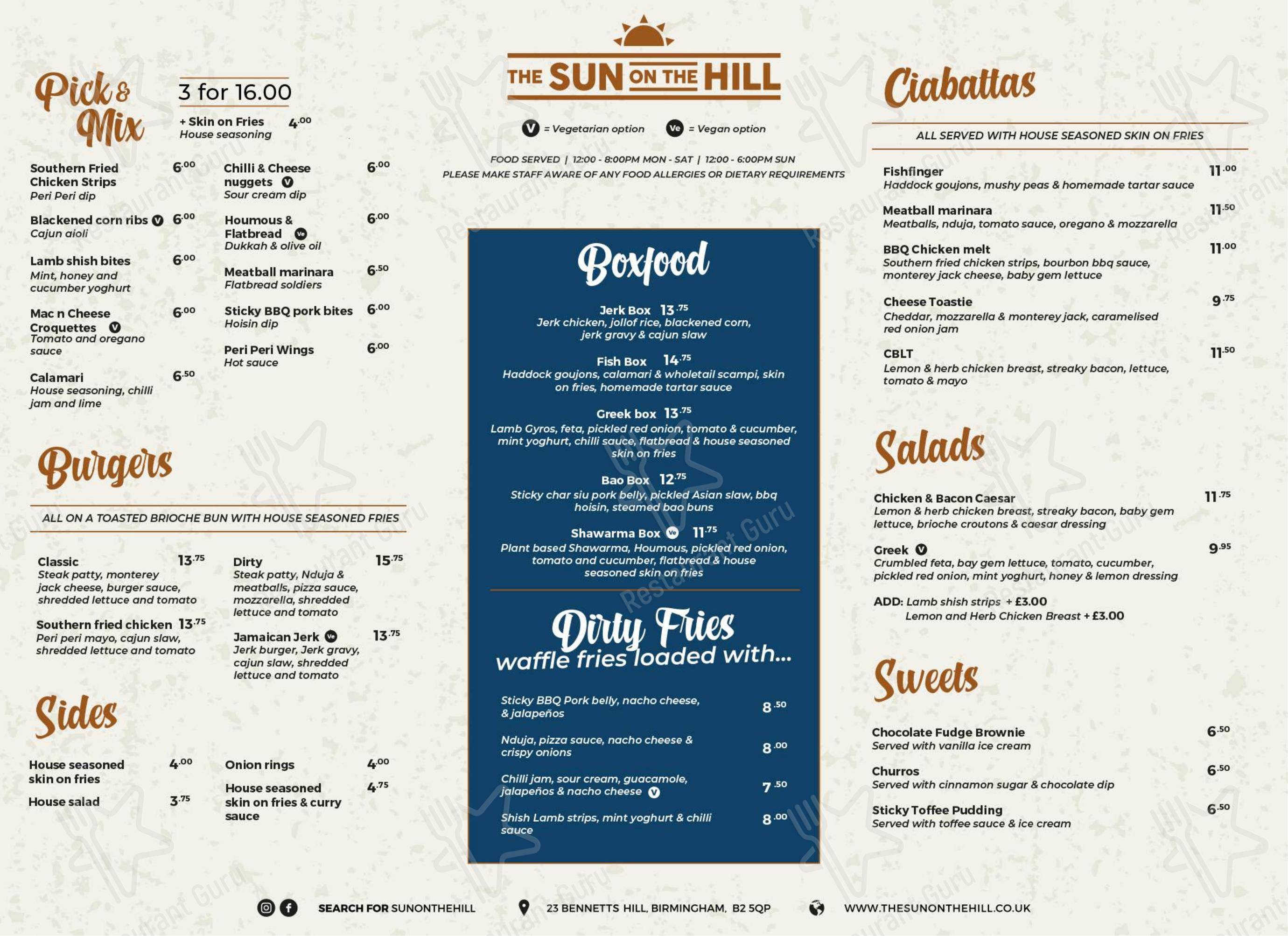Menu at The Sun On The Hill pub & bar, Birmingham
