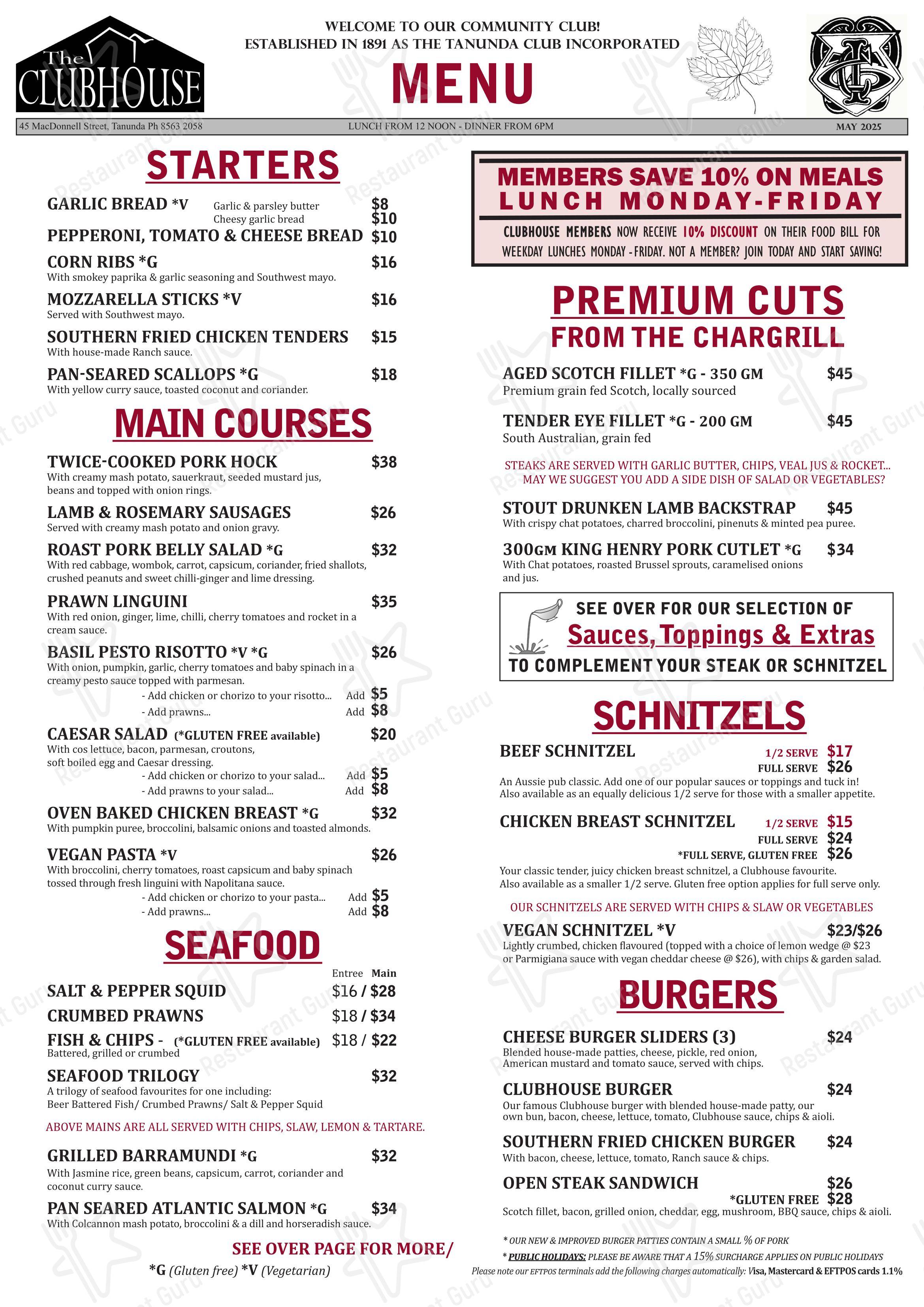 Menu at The Tanunda Club, Tanunda