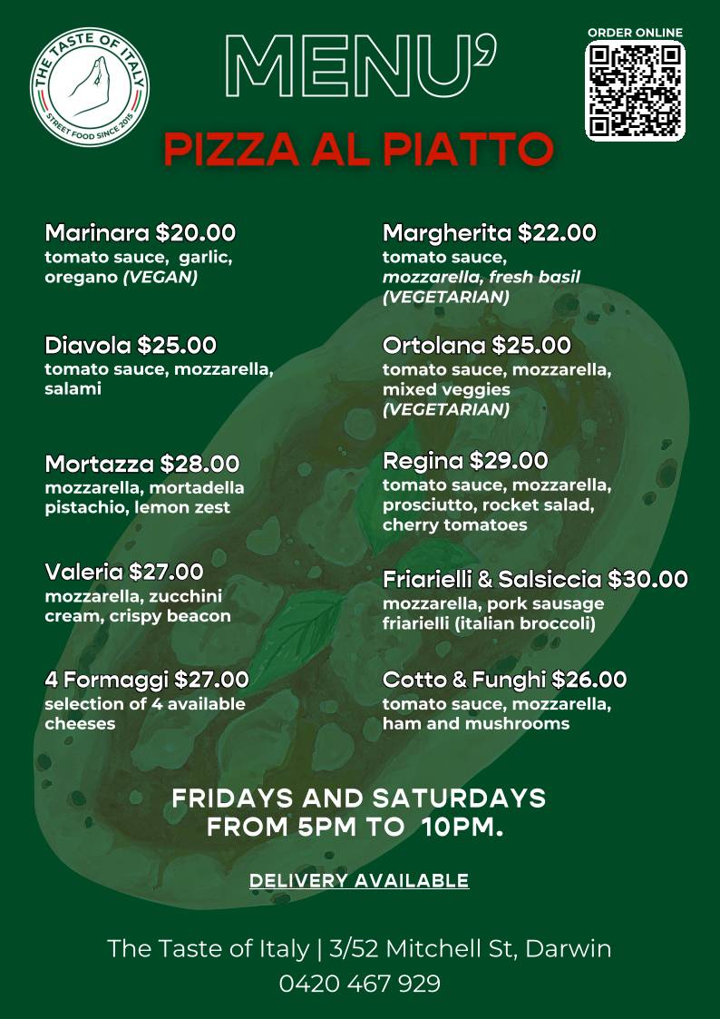 Menu at The Taste Of Italy restaurant, Darwin City
