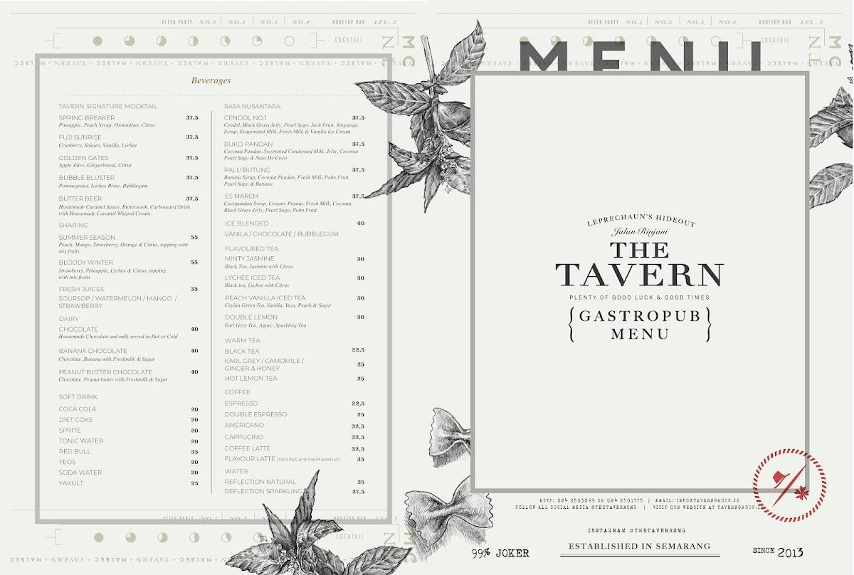 Menu at The Tavern restaurant, Semarang, Jl. Rinjani No.1