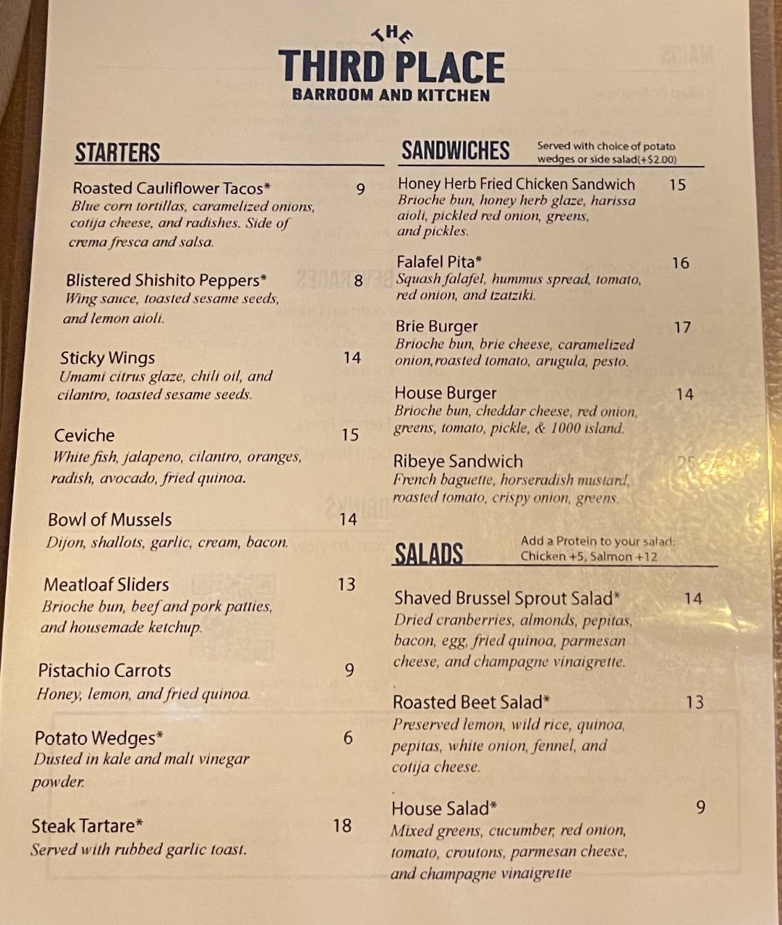 Menu at The Third Place pub & bar, Lancaster
