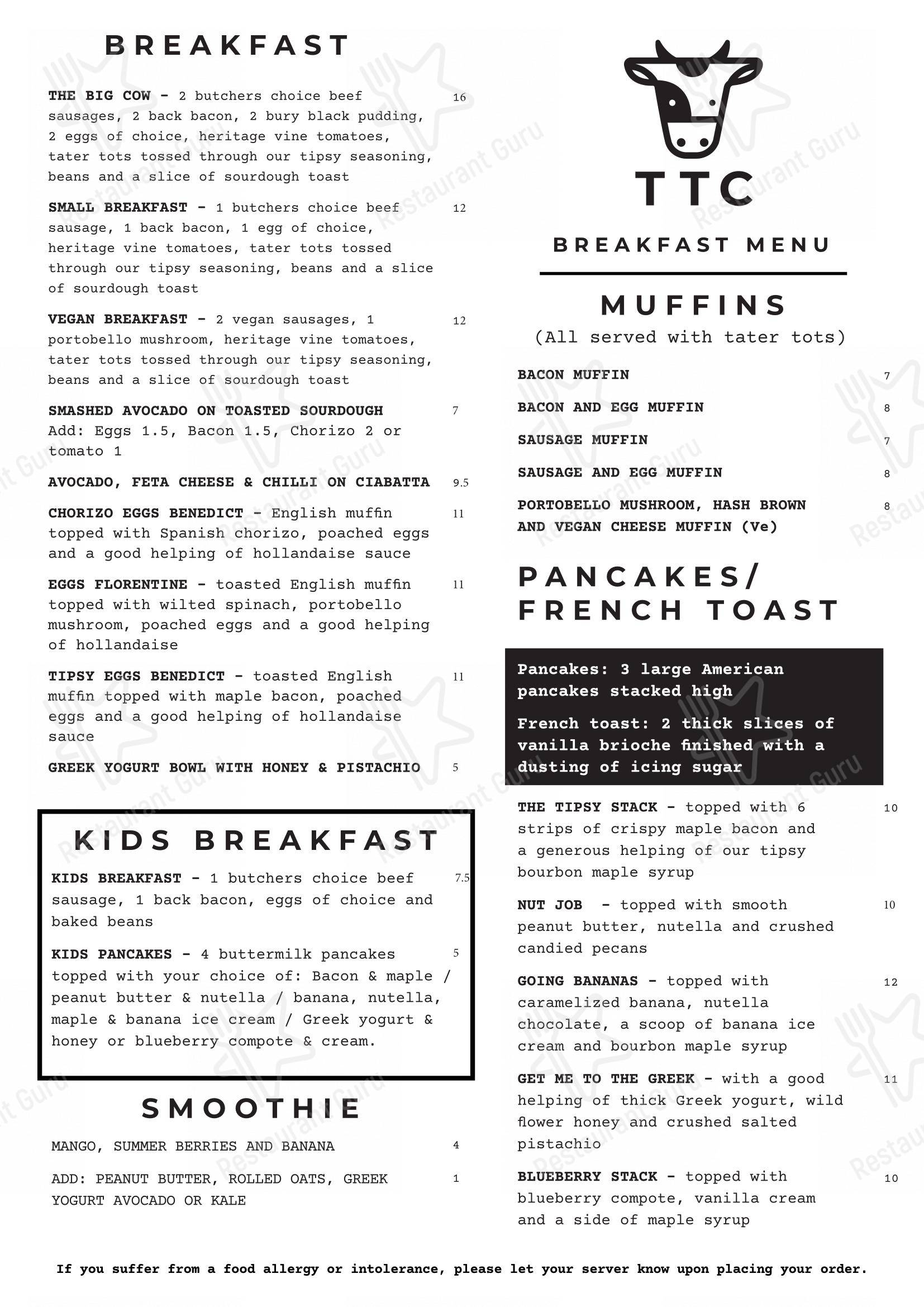 Menu at The Tipsy Cow pub & bar, Poulton-le-Fylde