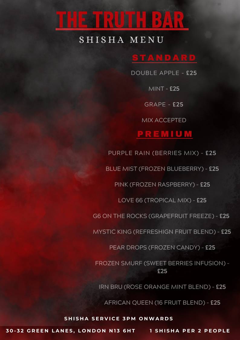 Menu at The Truth Bar, London