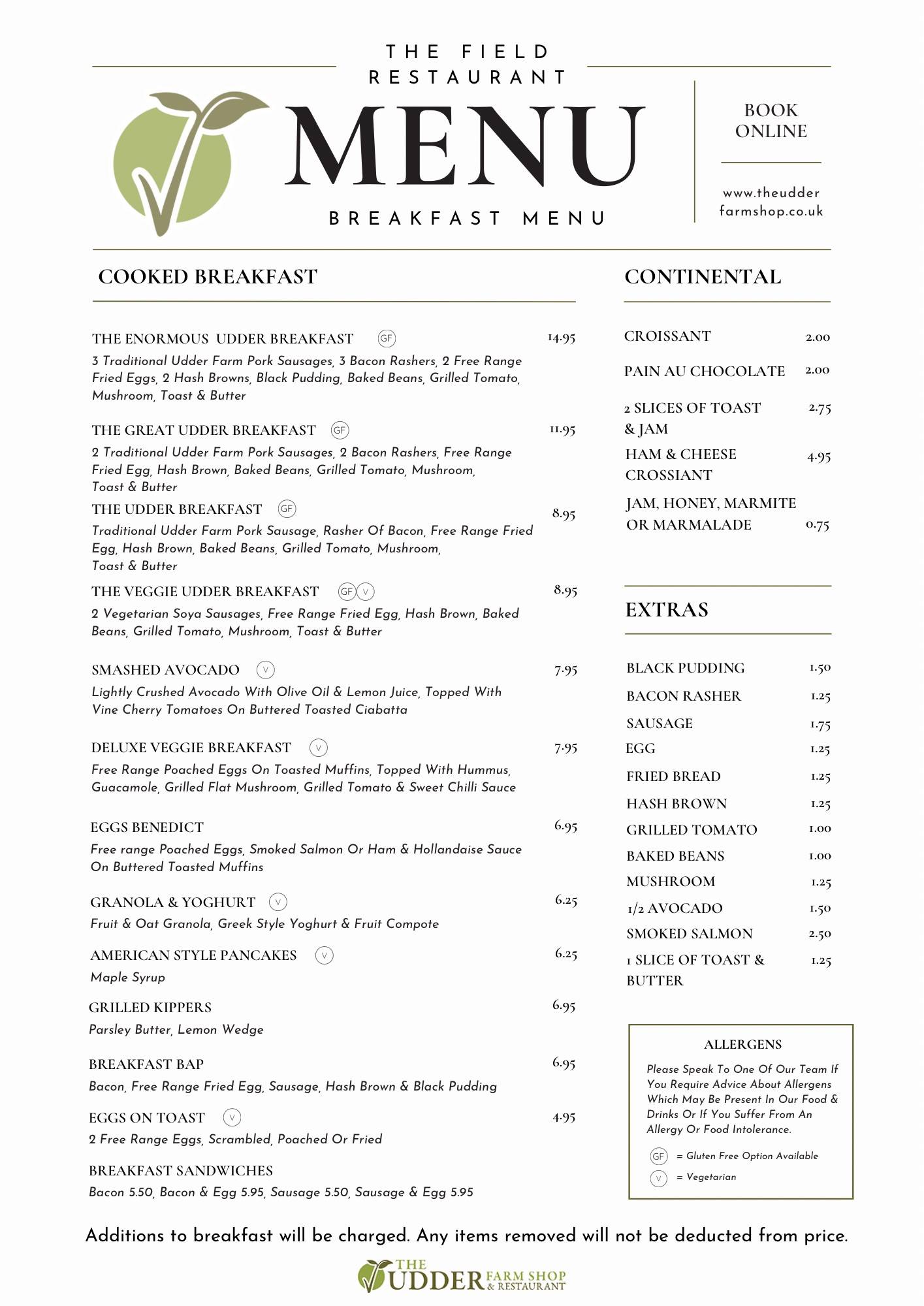 Menu at The Udder Farm Shop cafe, Gillingham