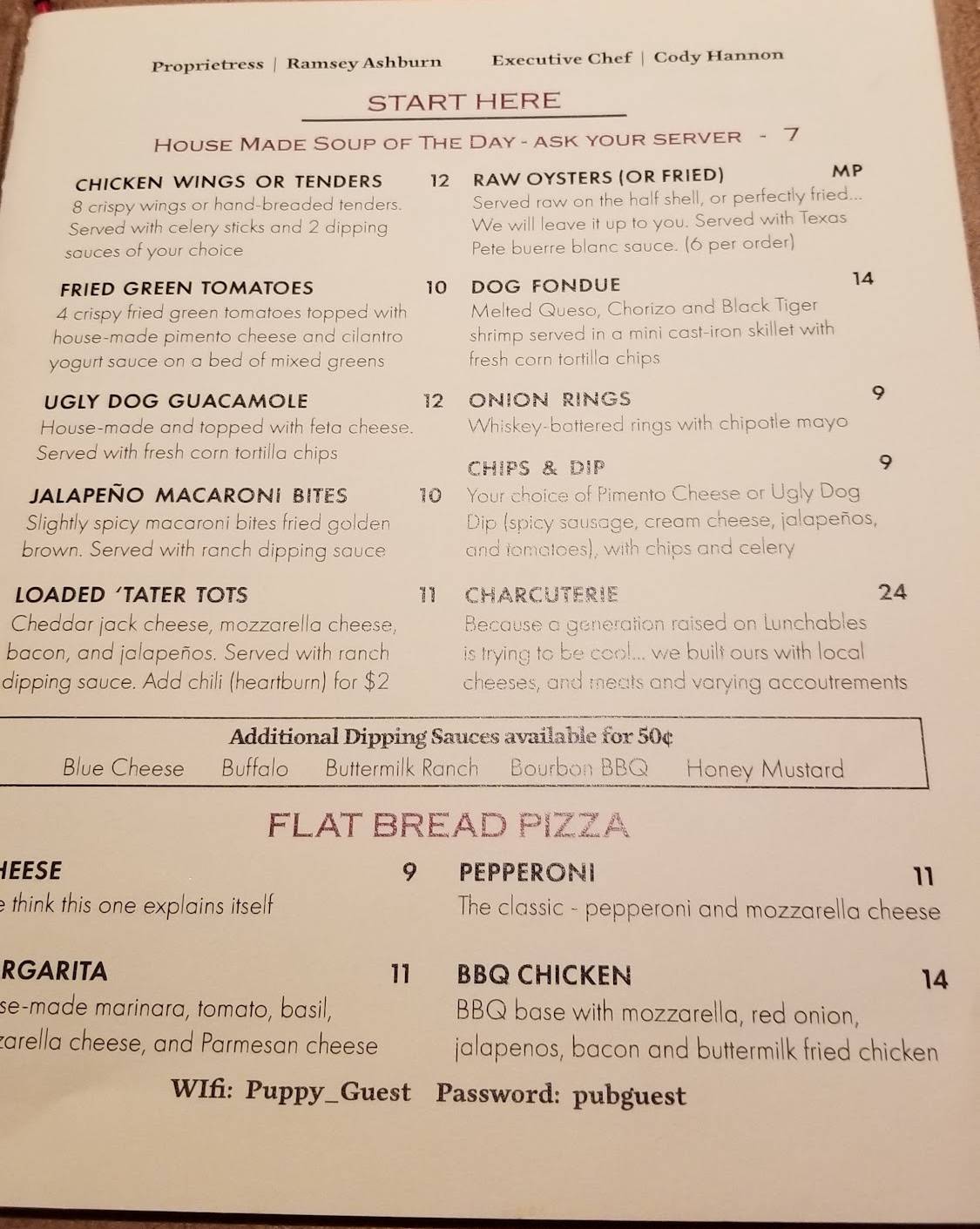 Menu at The Ugly Dog Pub-Cashiers, Cashiers