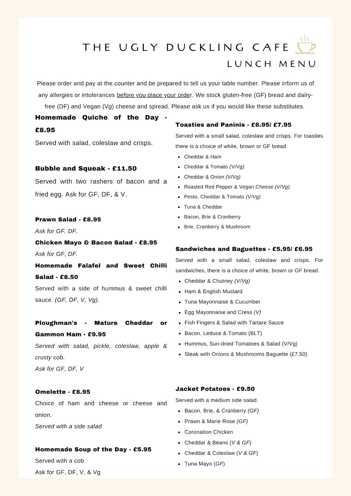 Menu at The Ugly Duckling Cafe, Shaftesbury