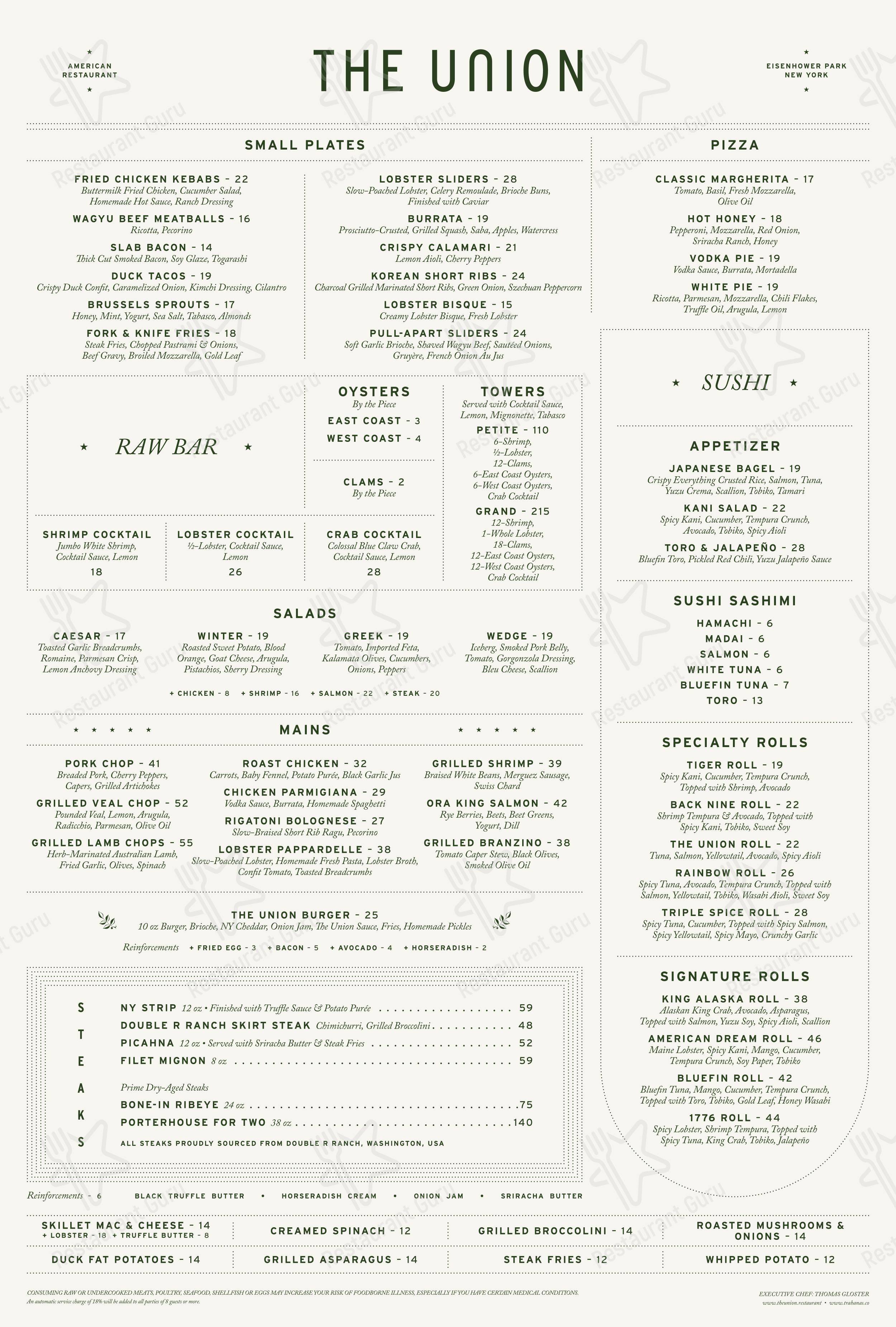 Menu at The Union restaurant, East Meadow
