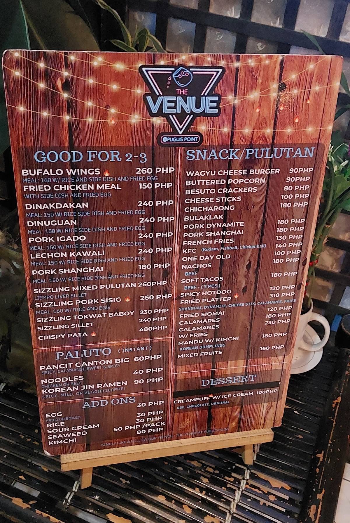 Menu at The VENUE at PuguisPoint restaurant, La Trinidad