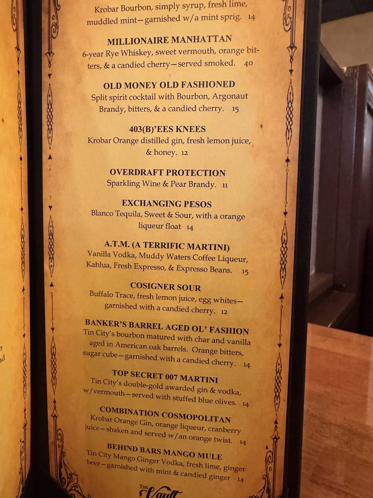 Menu at The Vault pub & bar, Bakersfield