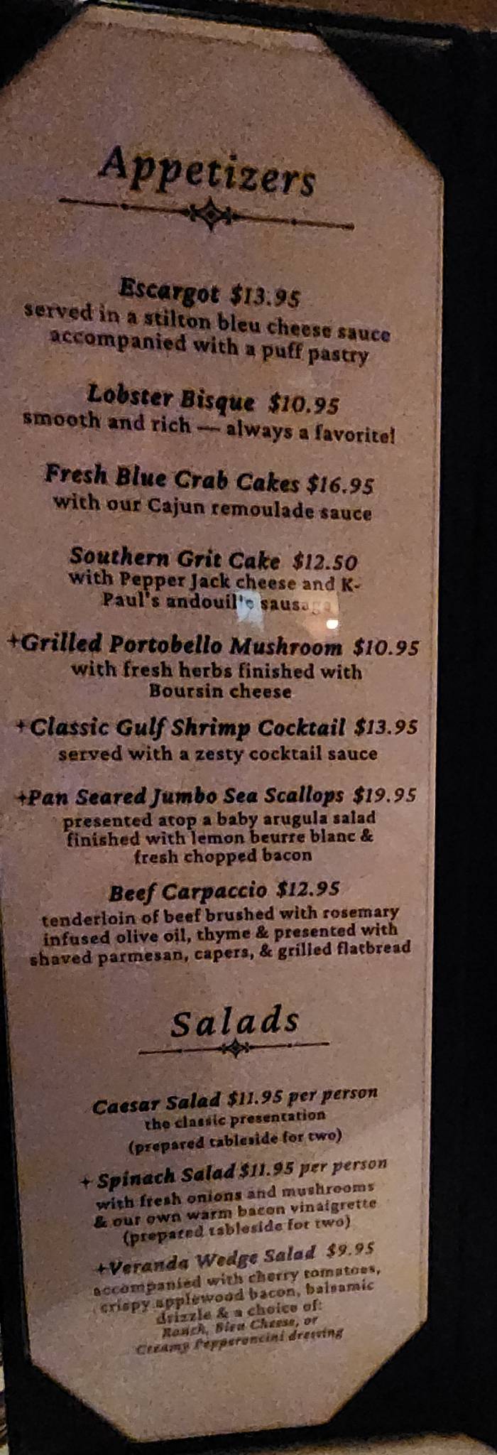 Menu at The Veranda steakhouse, Fort Myers
