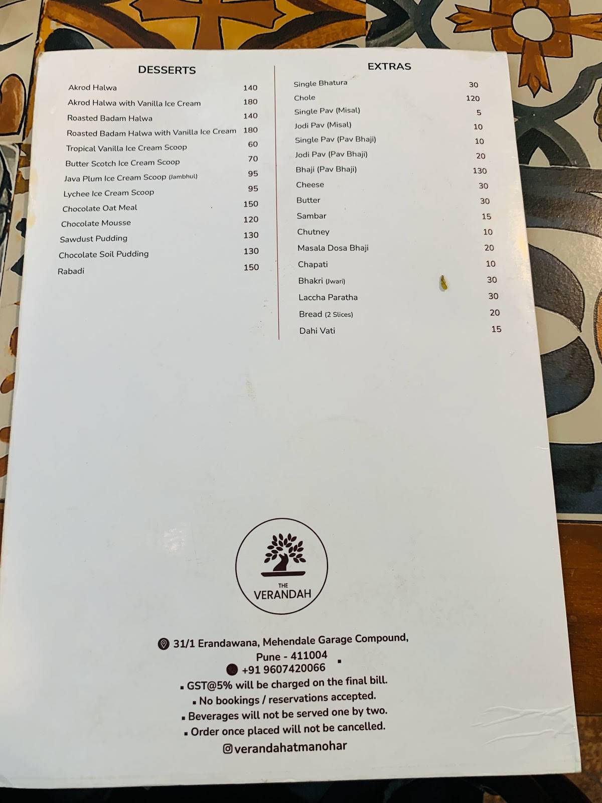 Menu at Verandah, Pune