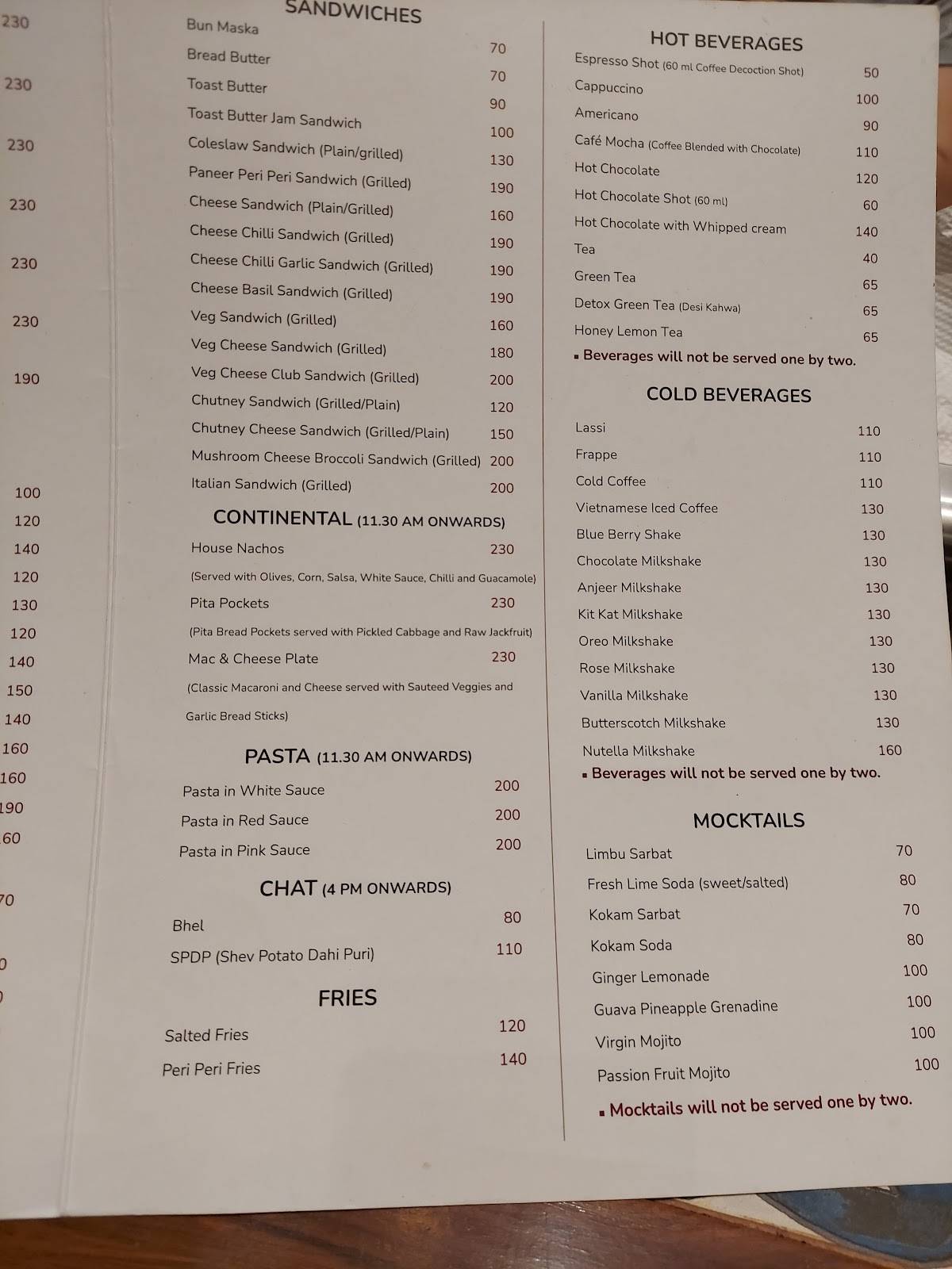 Menu at Verandah, Pune