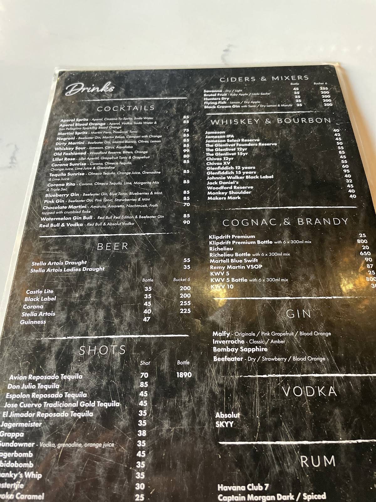 Menu at The View Rooftop Bar, Pretoria